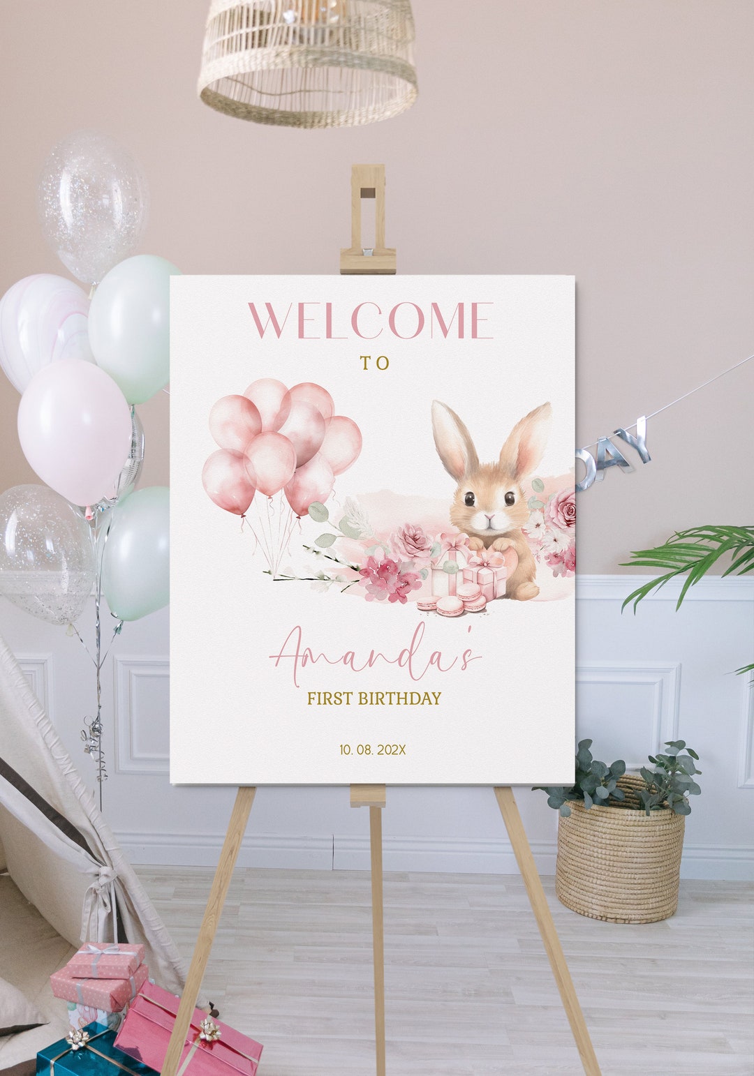 Pink Bunny Birthday Welcome Sign Template, Editable Pink Rabbit 1st ...
