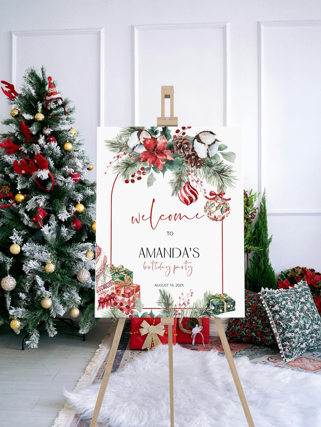 Christmas Birthday Party Welcome Sign, Christmas Party Poster, Editable ...