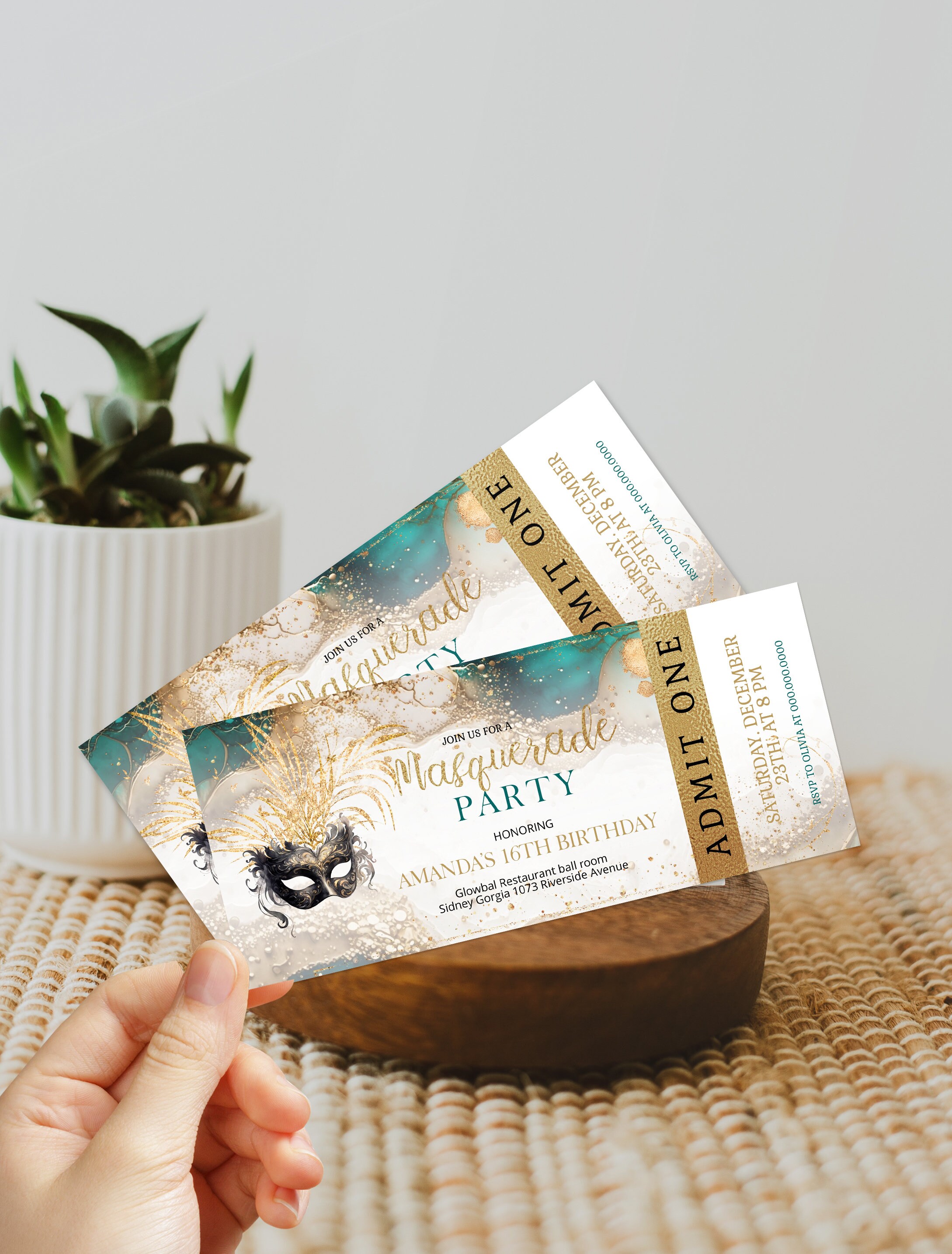 Masquerade Birthday Party Ticket Invitation, Sweet 16 Masquerade Ticket ...