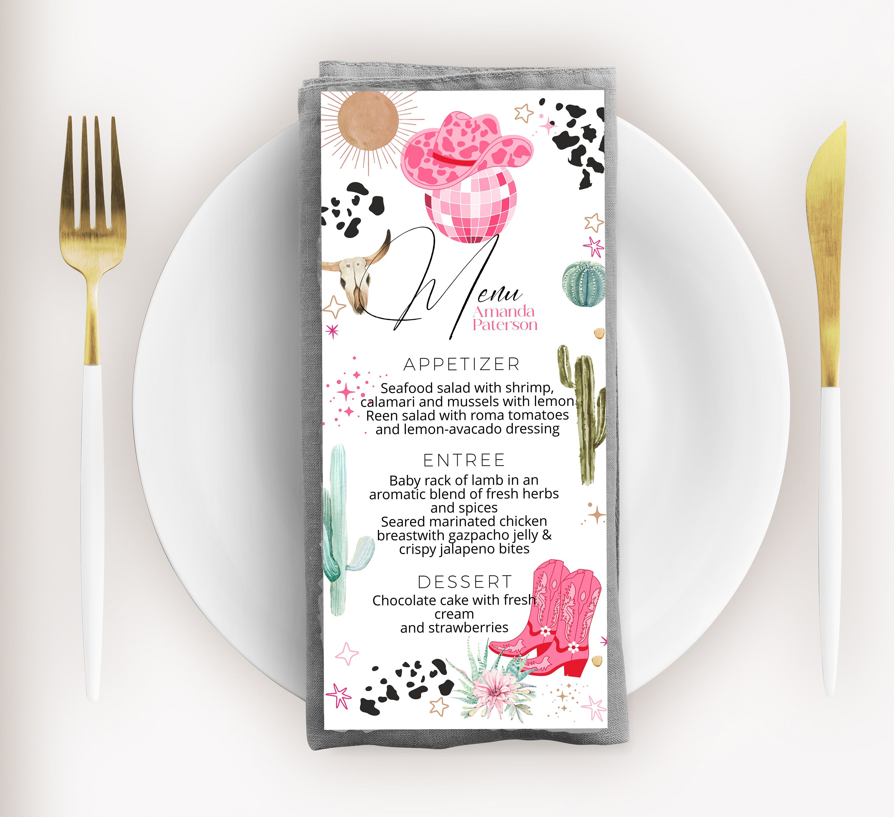 Disco Cowgirl Menu Card, Pink Space Cowgirl Menu Card, Editable Western ...