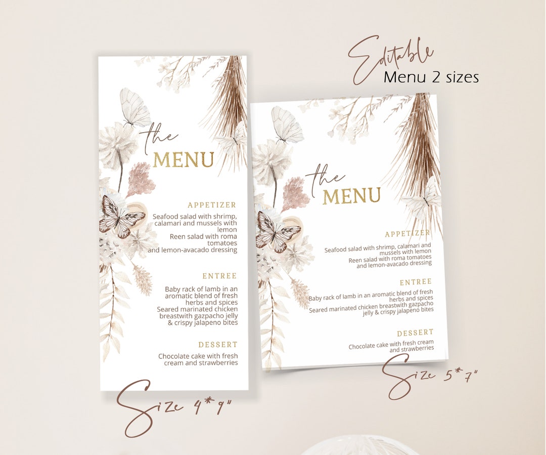 Editable Menu Card Template, Pampas Grass Menu, Boho Menu Card, Wedding ...