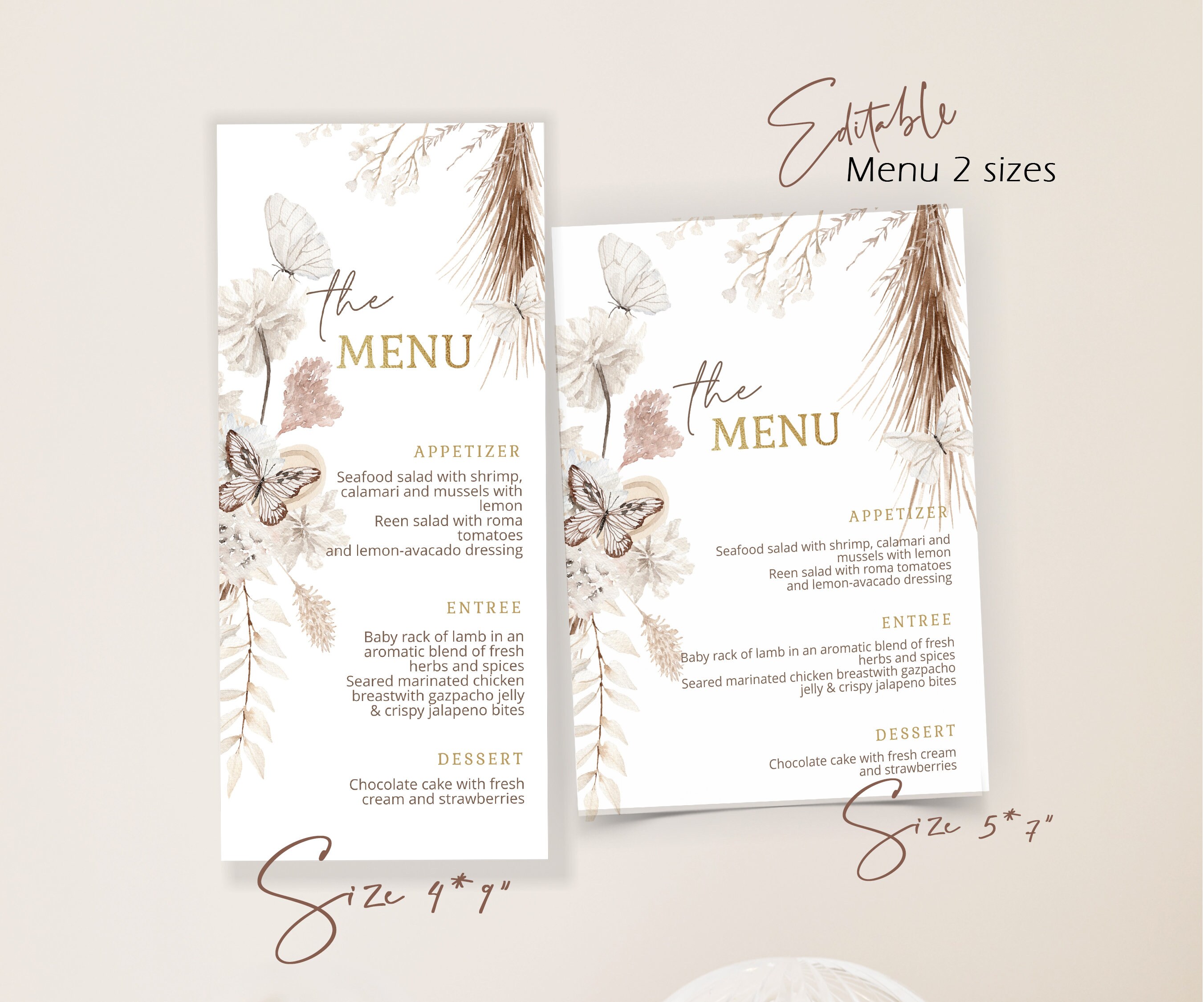 Editable Menu Card Template, Pampas Grass Menu, Boho Menu Card, Wedding ...