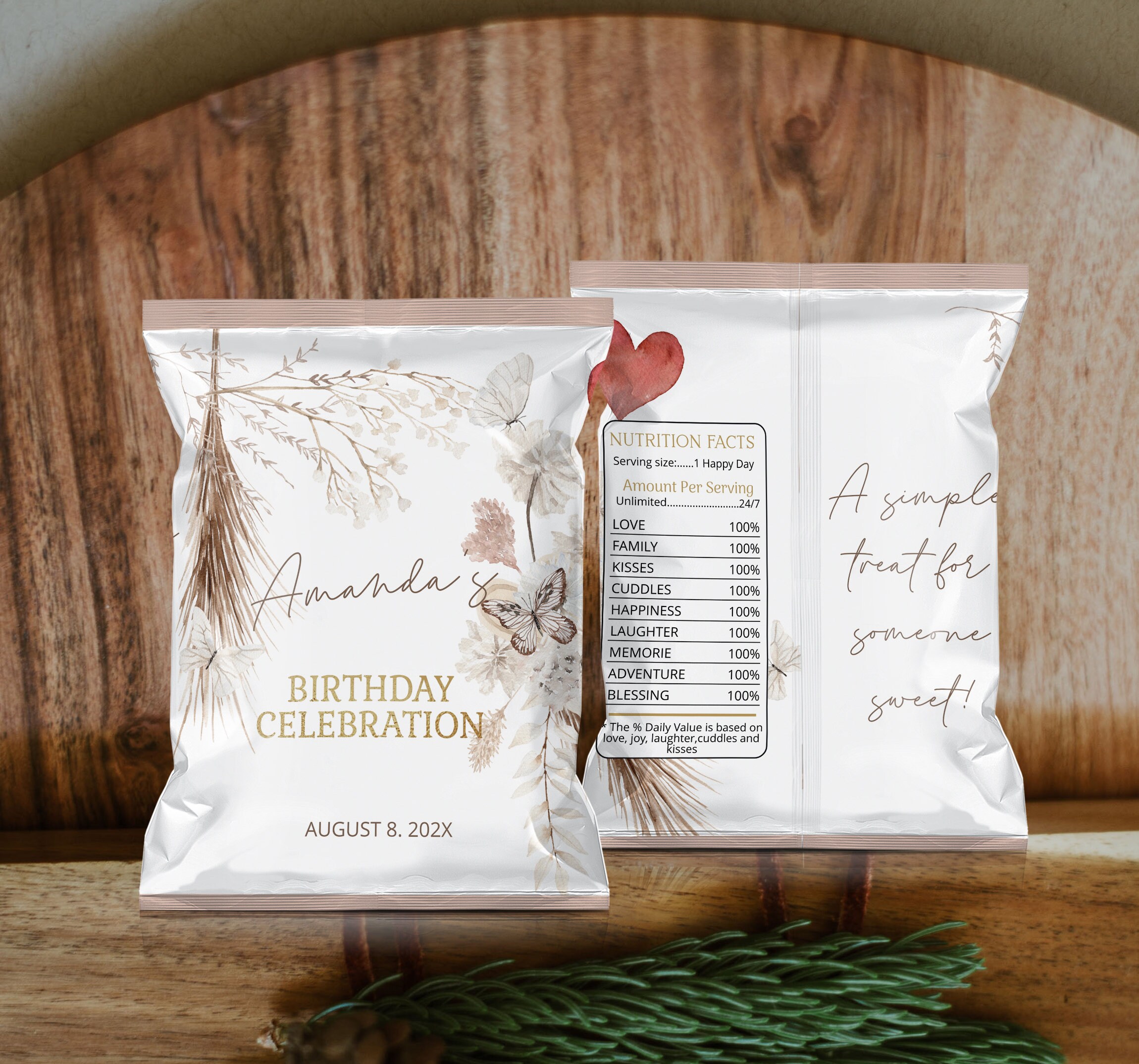 Pampas Grass Birthday Party Chip Bag, Butterfly Chip Bag, Editable Boho ...