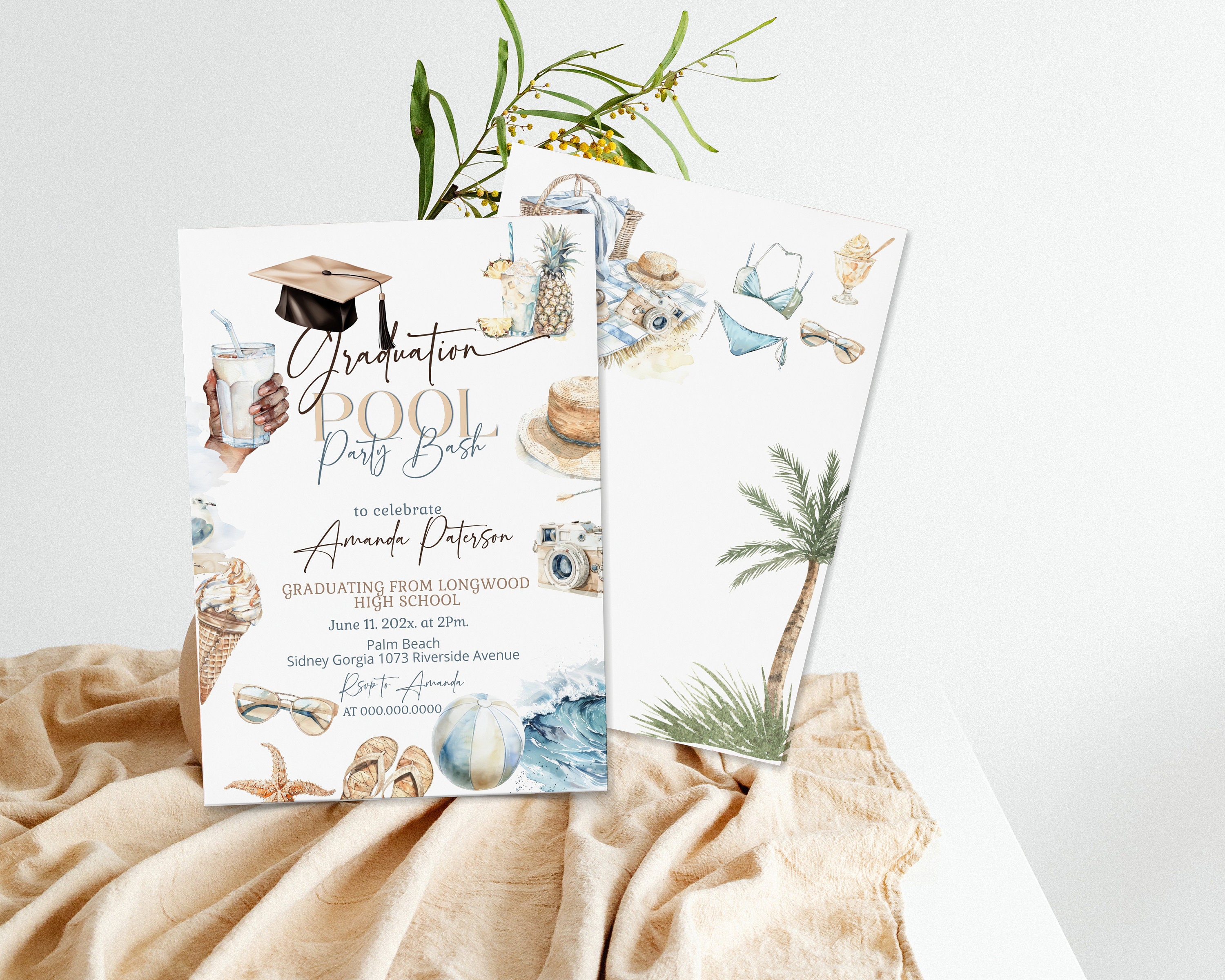 Pool Graduation Party Invitation Template, Editable College Grad Pool ...