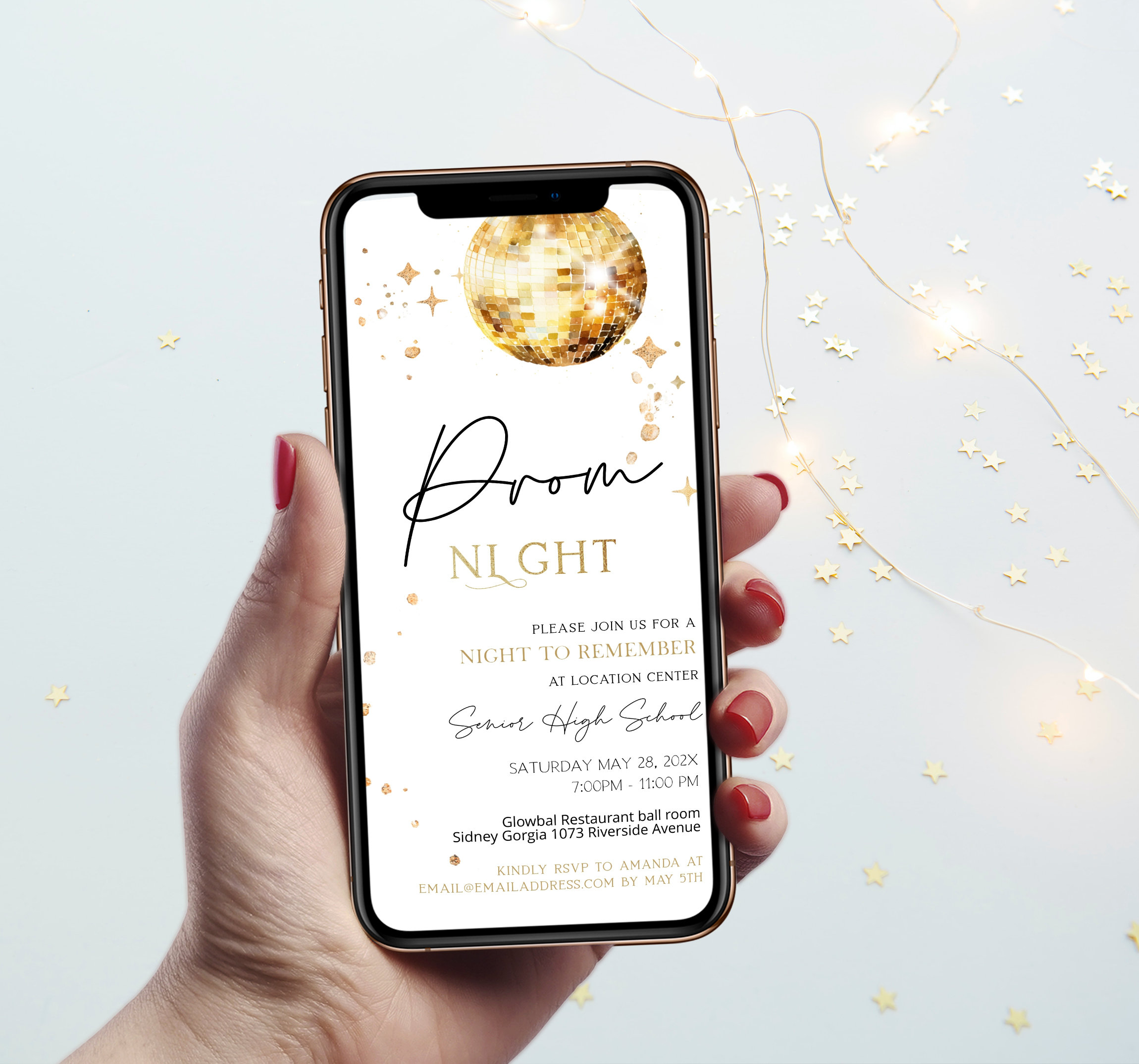 Gold Disco Ball Prom Party Invite, Prom Night Envite Template, Disco ...