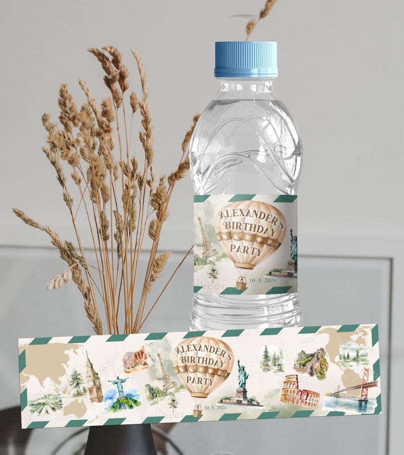 Around the World Birthday, Travel Theme Water Bottle Labels, Adventure ...