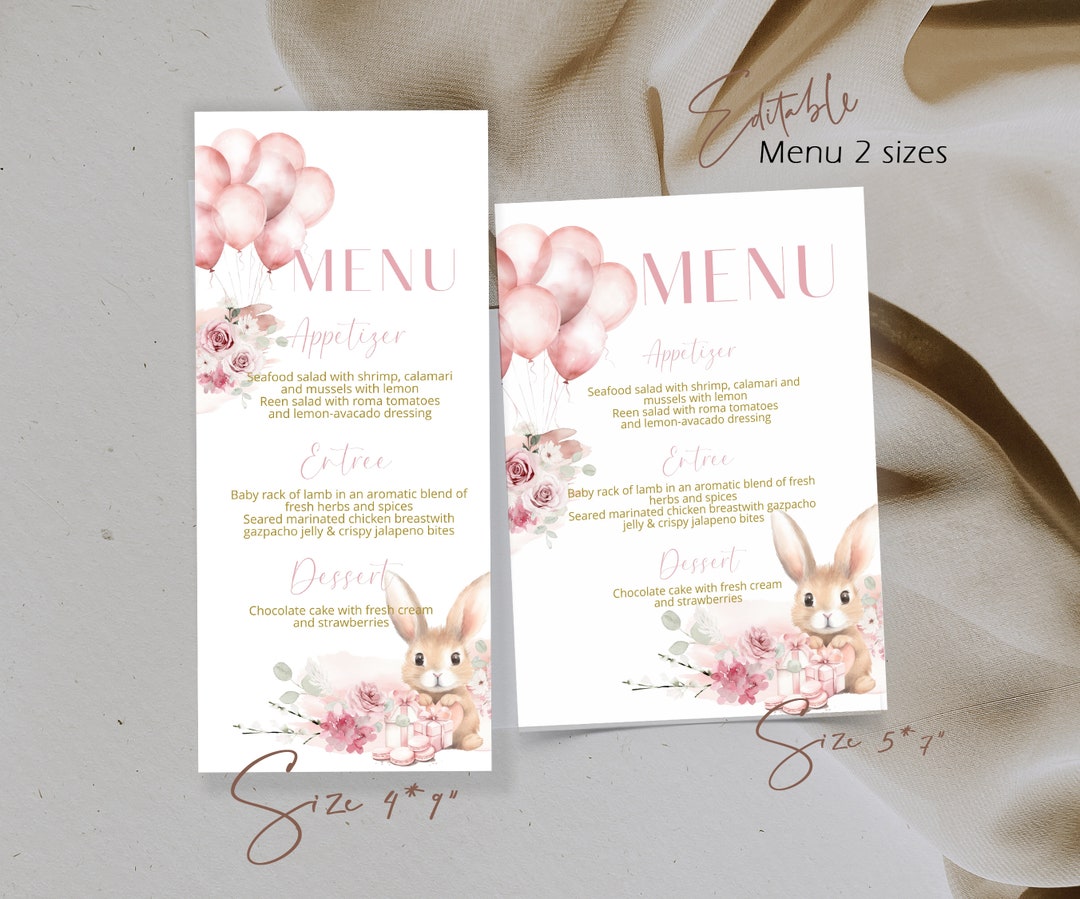 Pink Balloons Menu Card Template, Bunny Party Menu Card, Rabbit Menu ...