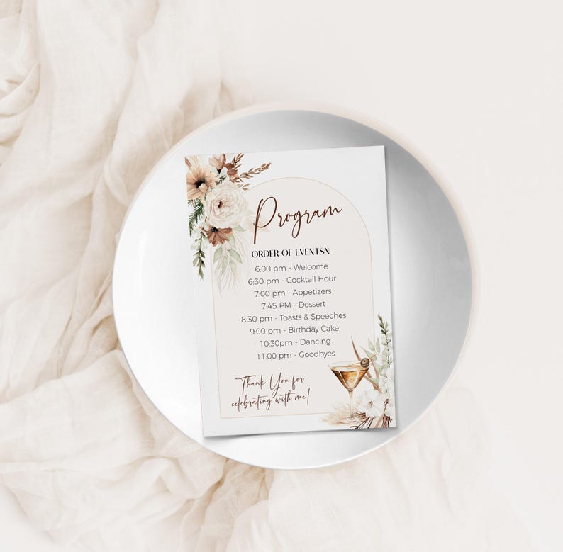 Pampas Grass Program Card Template, Editable Floral Program Card ...