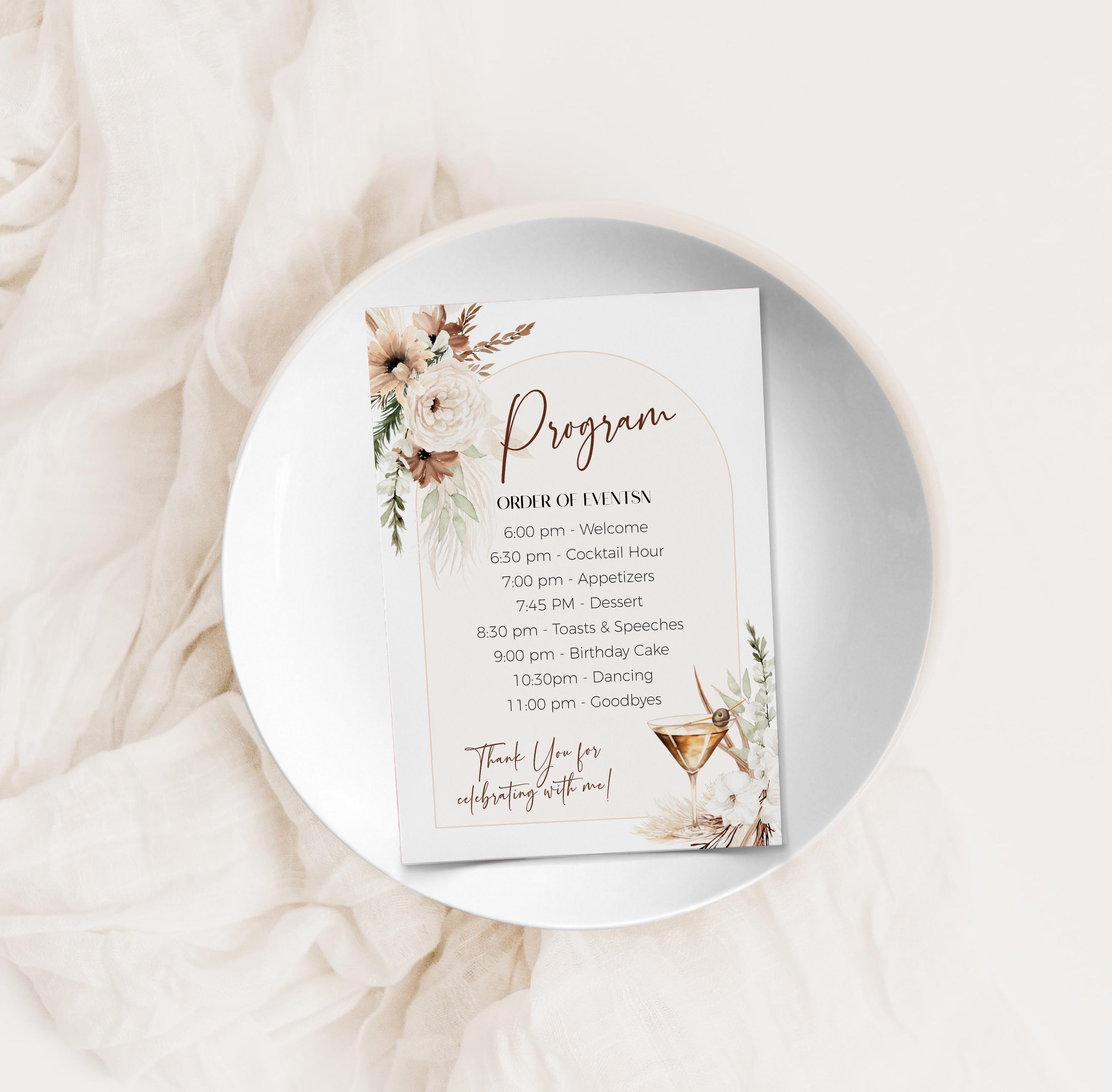 Pampas Grass Program Card Template, Editable Floral Program Card ...