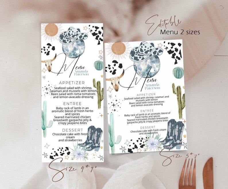 Disco Menu Card Template, Editable Space Cowgirl Menu Card, Western ...