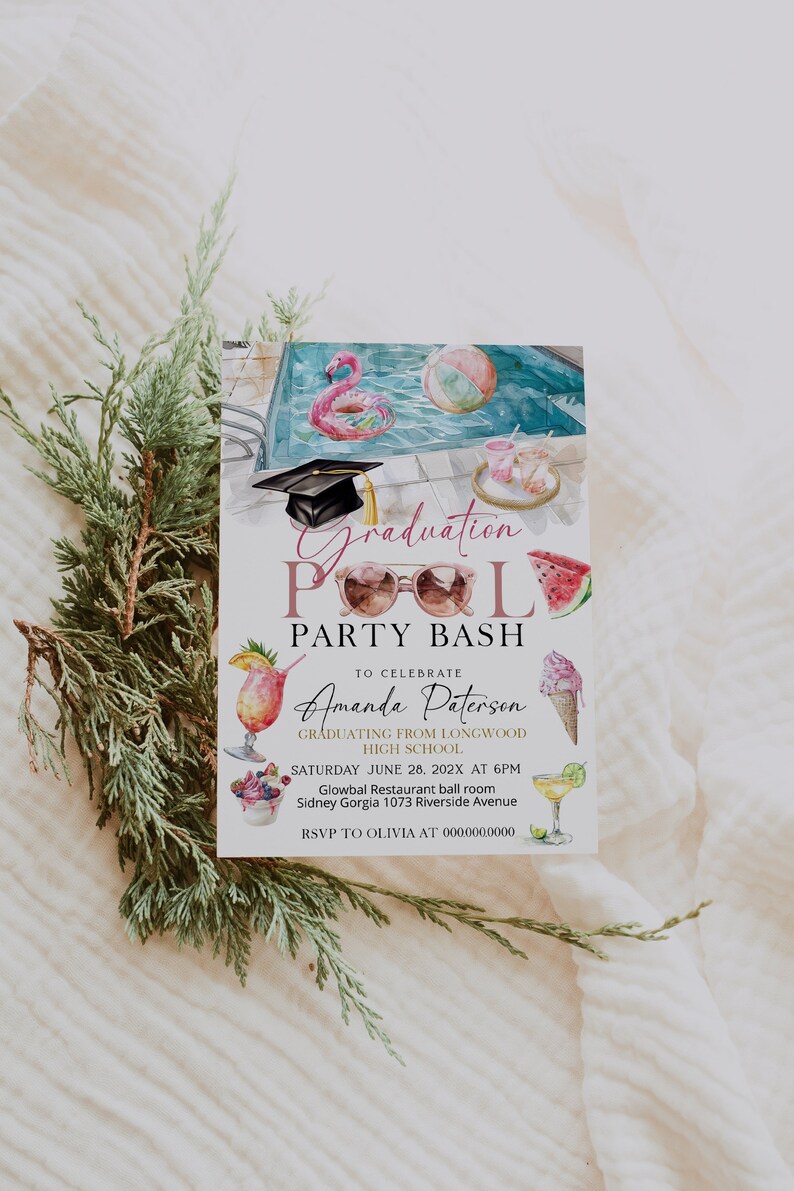 Graduation Pool Party Invitation Template, Beach Graduation Invitation ...