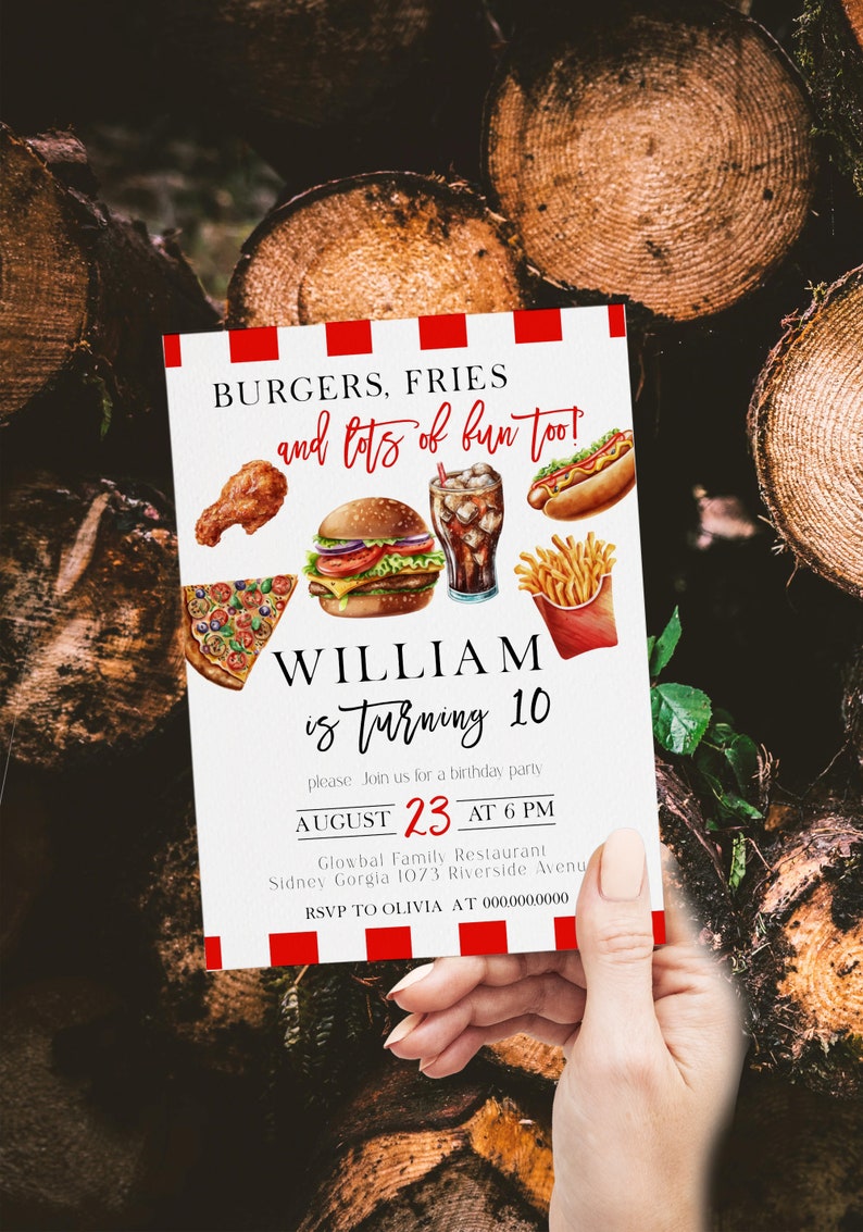 Fast Food Birthday Party Invitation, Snack Party Invite Template, 10th ...
