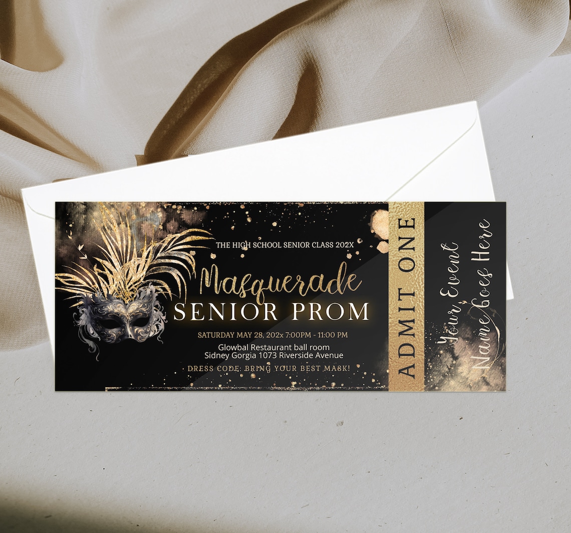 Masquerade Senior Prom Ticket, Prom Tickets Template, Editable ...