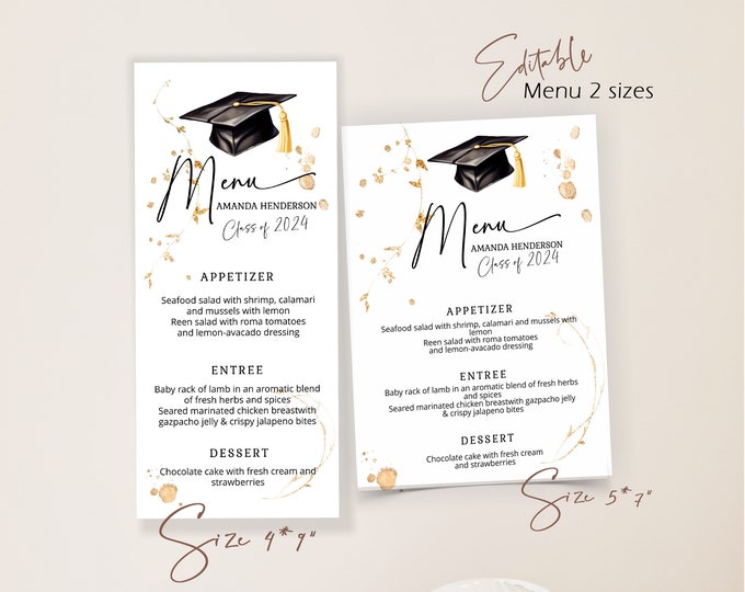 Editable Modern Graduation Black White Dinner Menu Card Template ...
