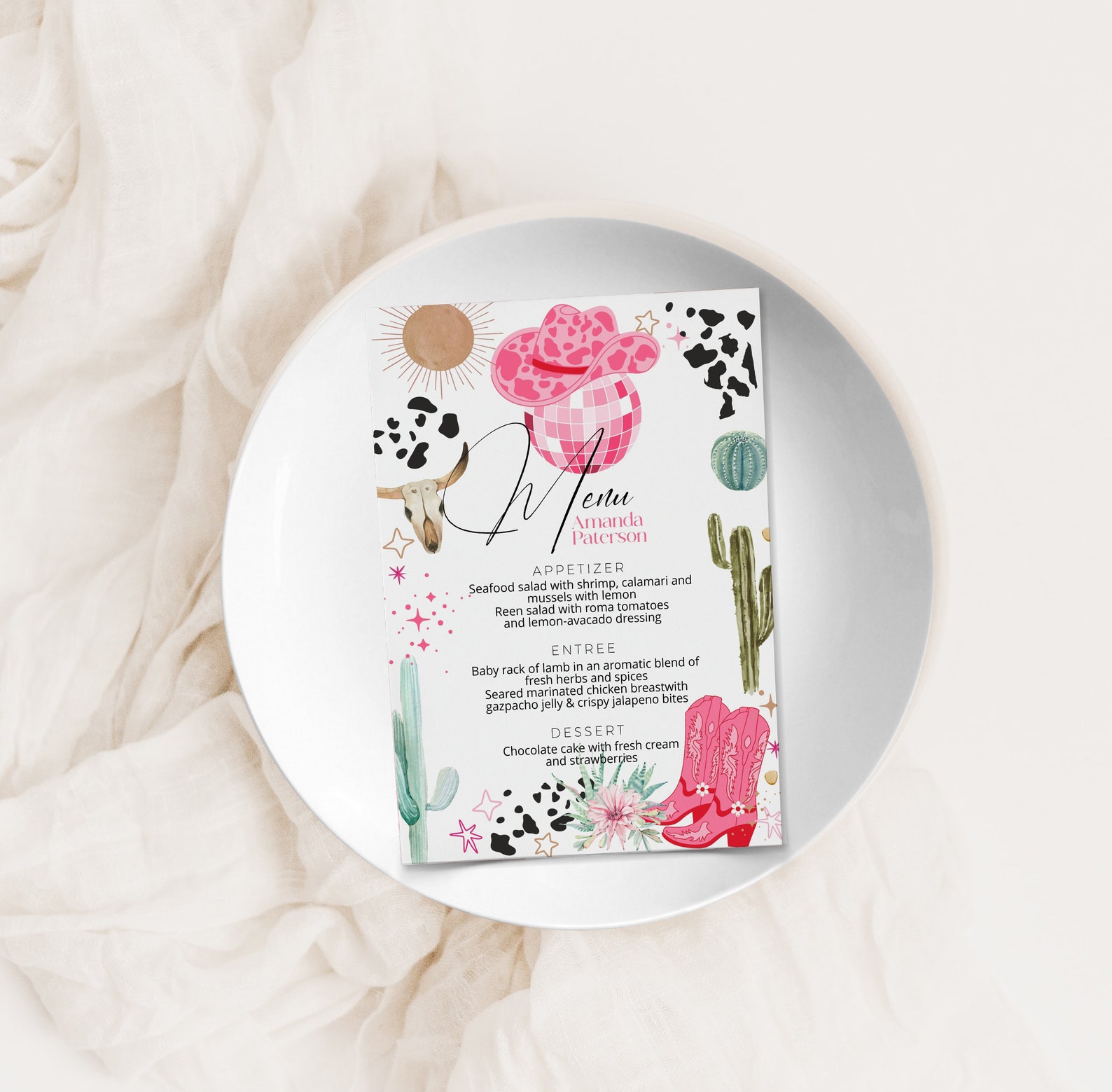 Disco Cowgirl Menu Card, Pink Space Cowgirl Menu Card, Editable Western ...