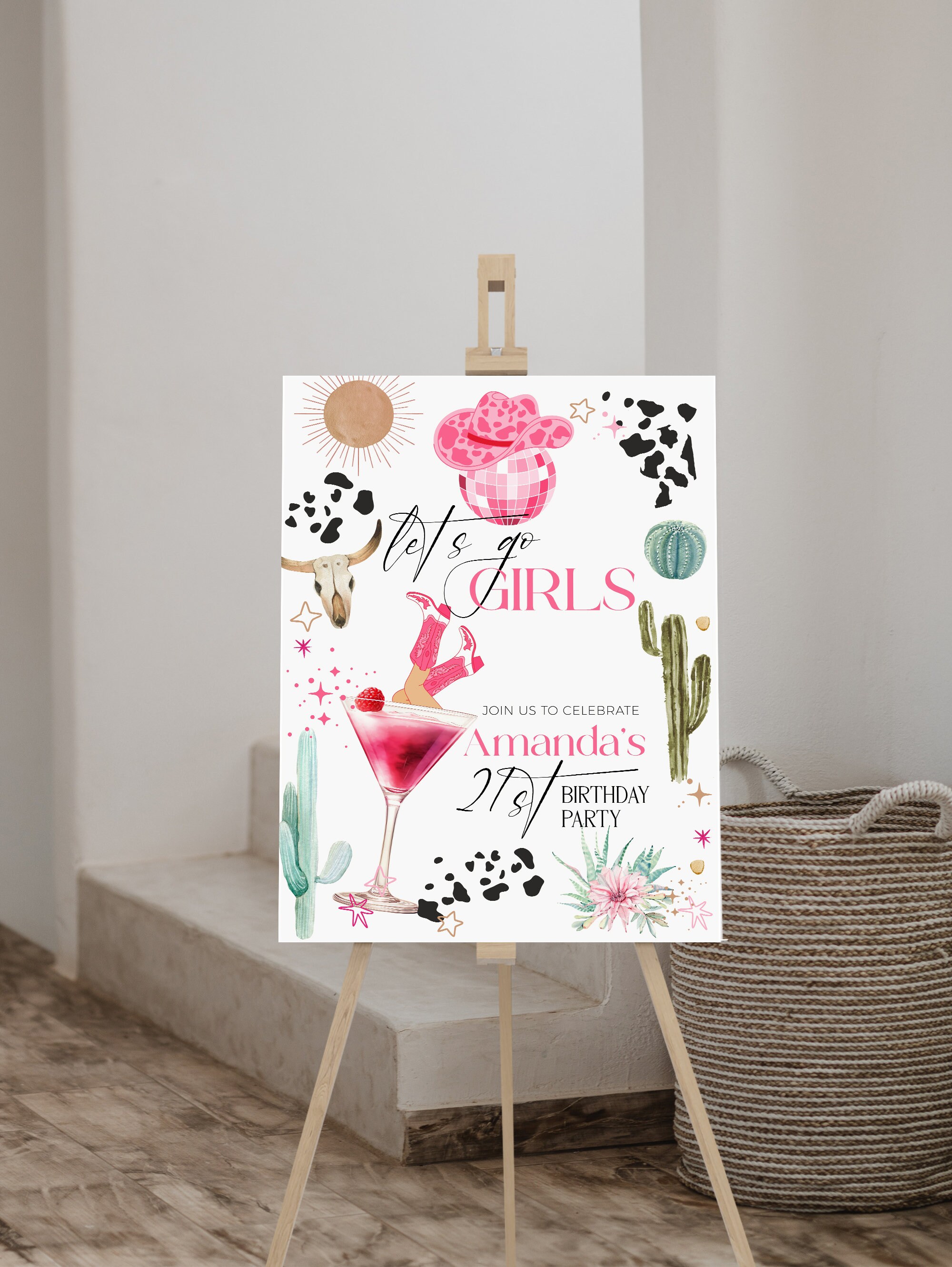 Let’s Go Girls Birthday Welcome Sign Template, Editable Disco Cowgirl ...