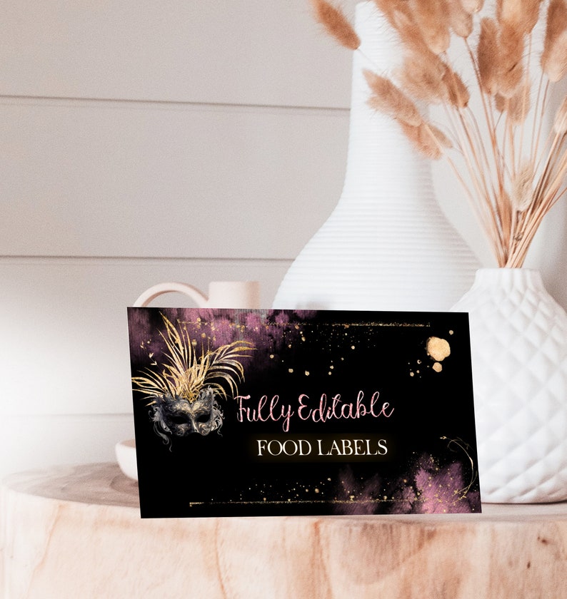Masquerade Birthday Party Food Card, Editable Food Label Tent Card ...