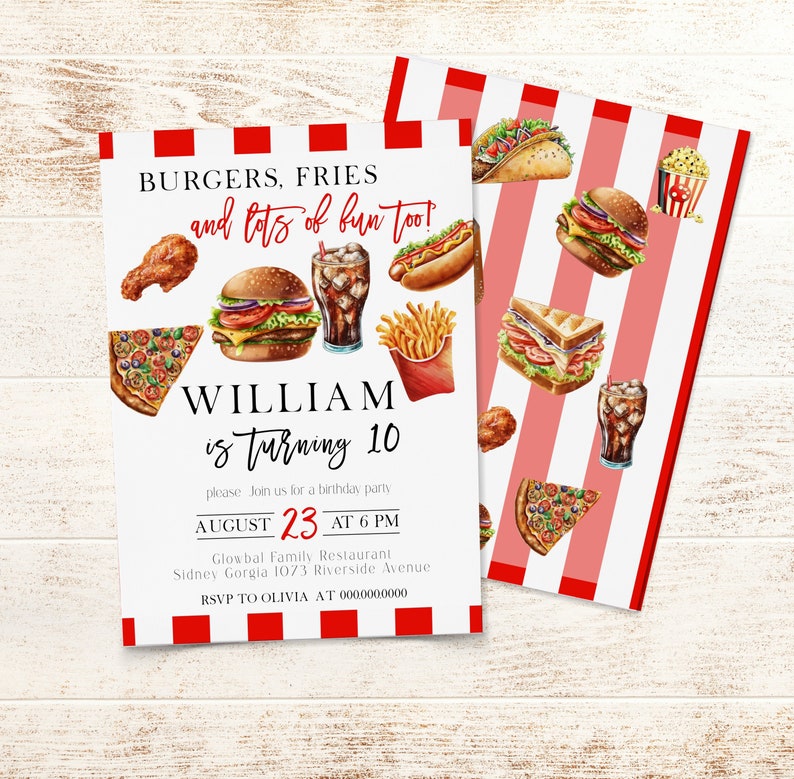 Fast Food Birthday Party Invitation, Snack Party Invite Template, 10th ...
