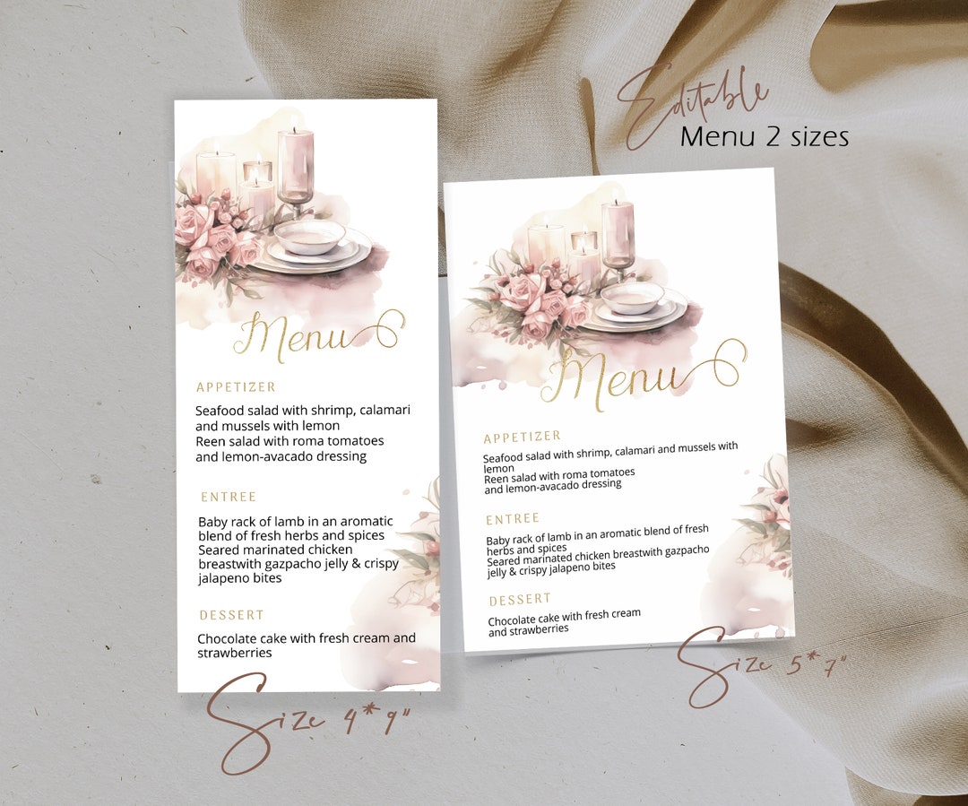 Table Menu Card Template, Editable Birthday Party Menu, Dinner Menu ...