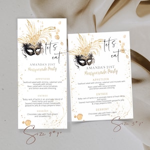 Masquerade Menu Card Template, Editable White Gold Masquerade Menu Card ...