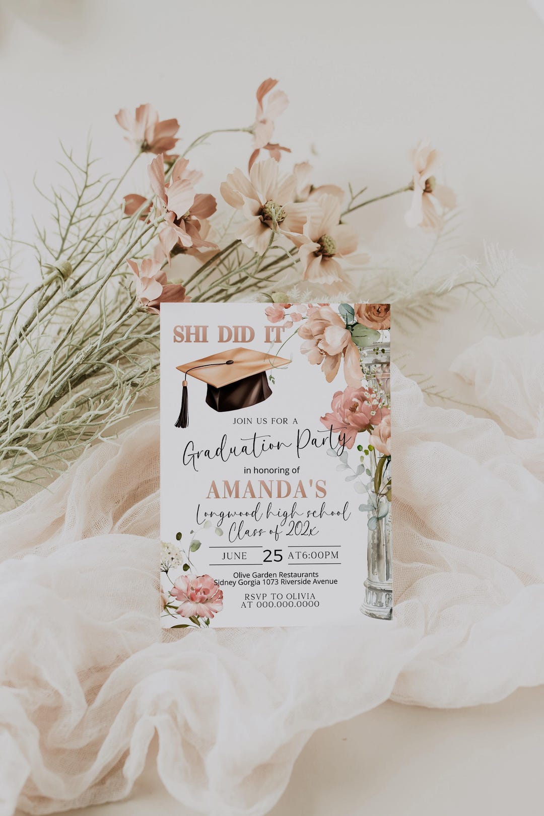 She Did It Graduation Invitation Template, Editable Floral Graduation ...