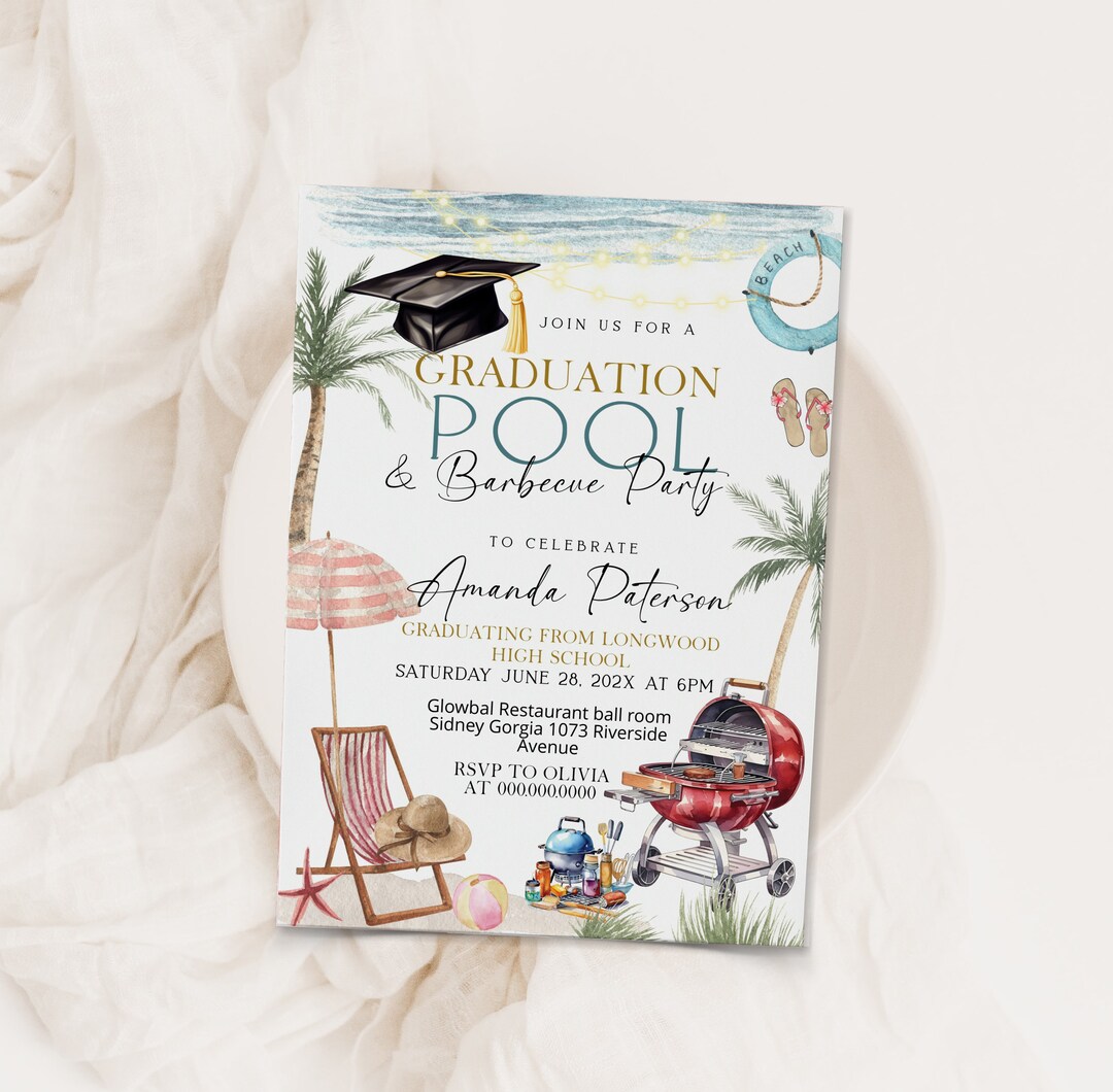 Pool & Bbq Graduation Party Invitation Template, BBQ Graduation ...