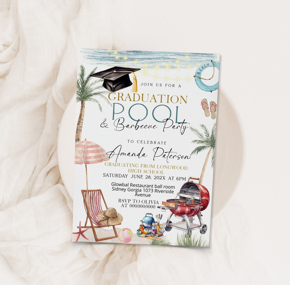 Pool & Bbq Graduation Party Invitation Template, BBQ Graduation ...