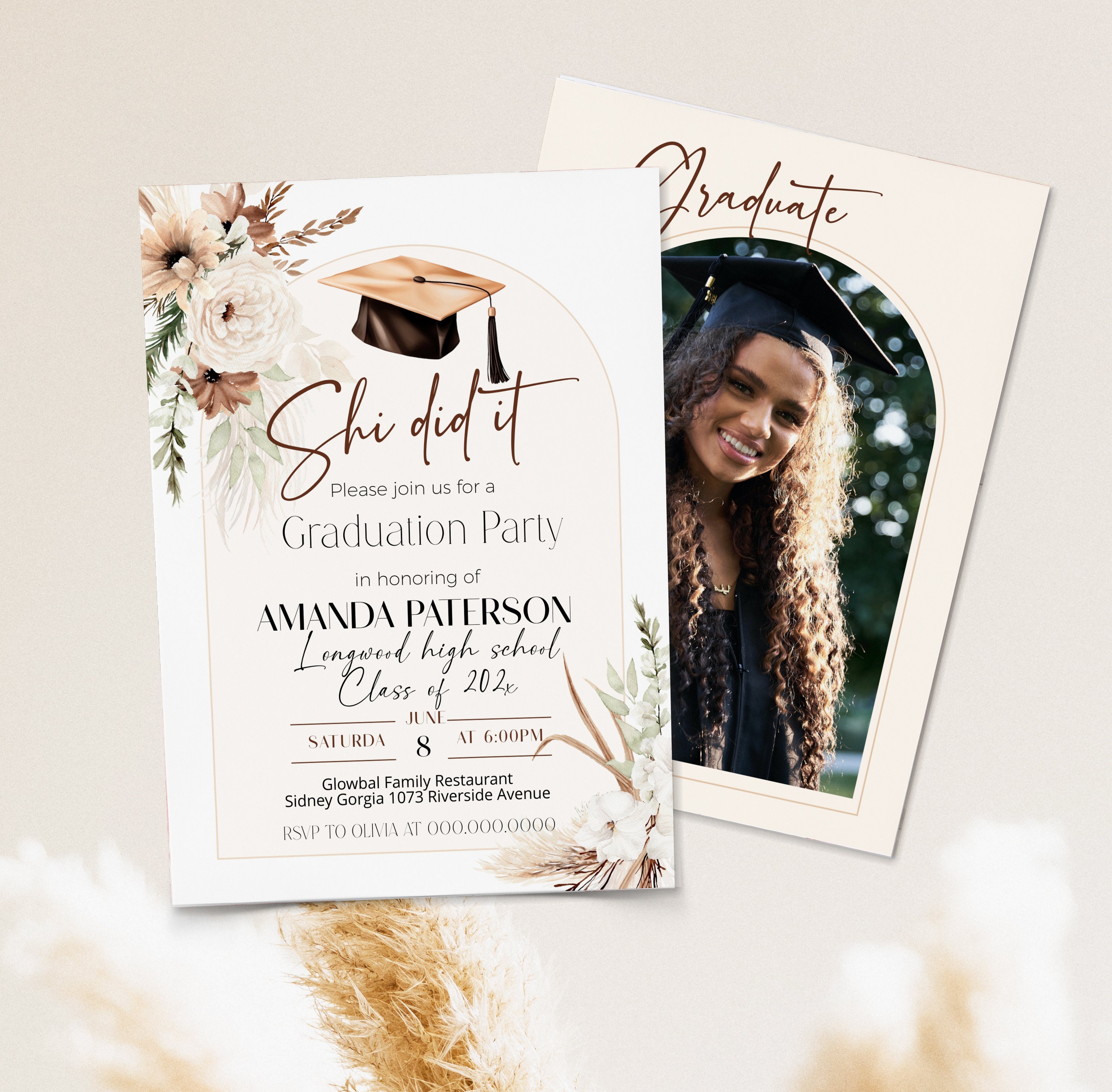 She Did It Graduation Invitation, Boho Graduation Party Invite Template ...