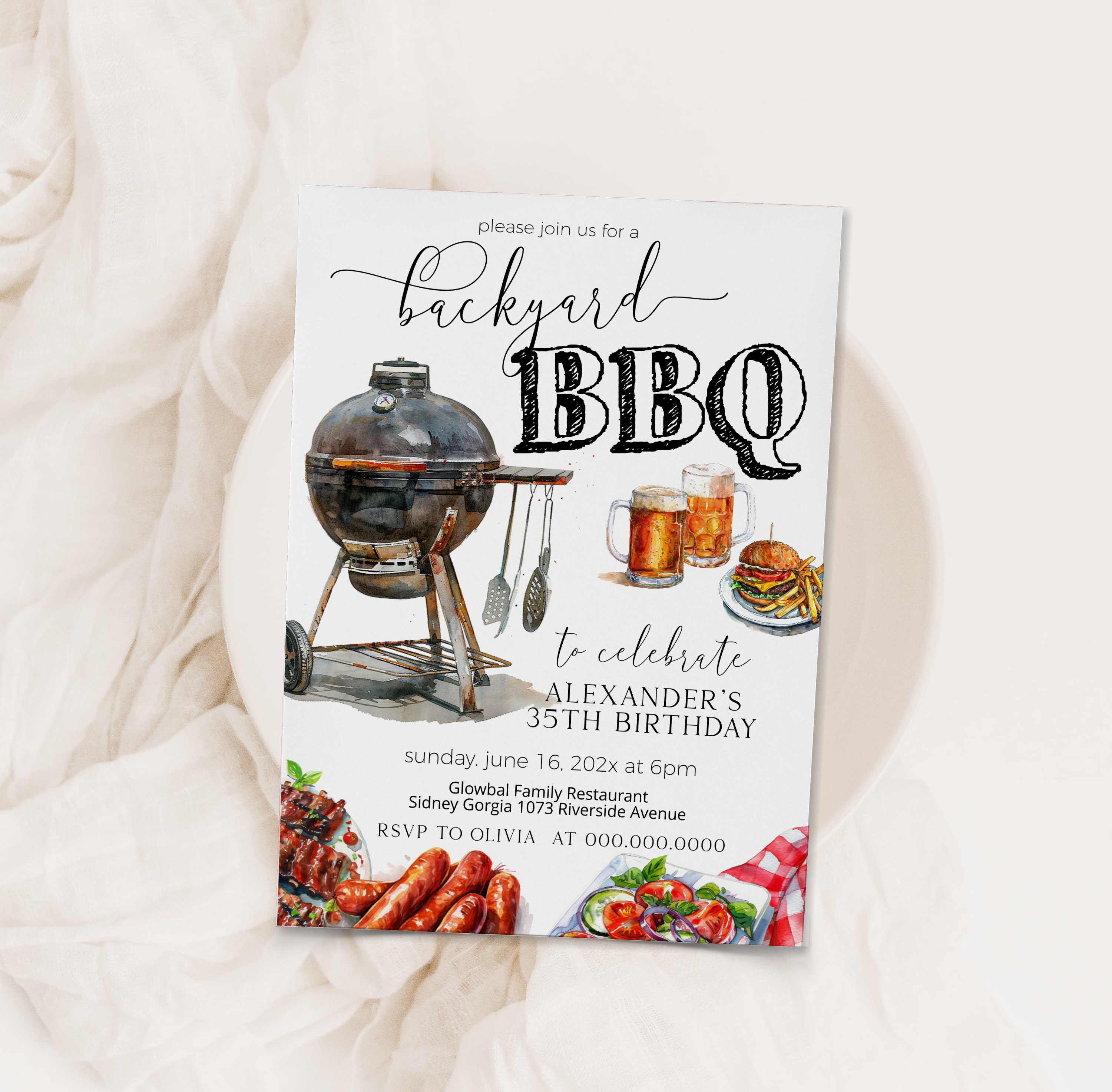 BBQ 35th Birthday Party Invitation, Birthday Barbeque Party, Grill and ...