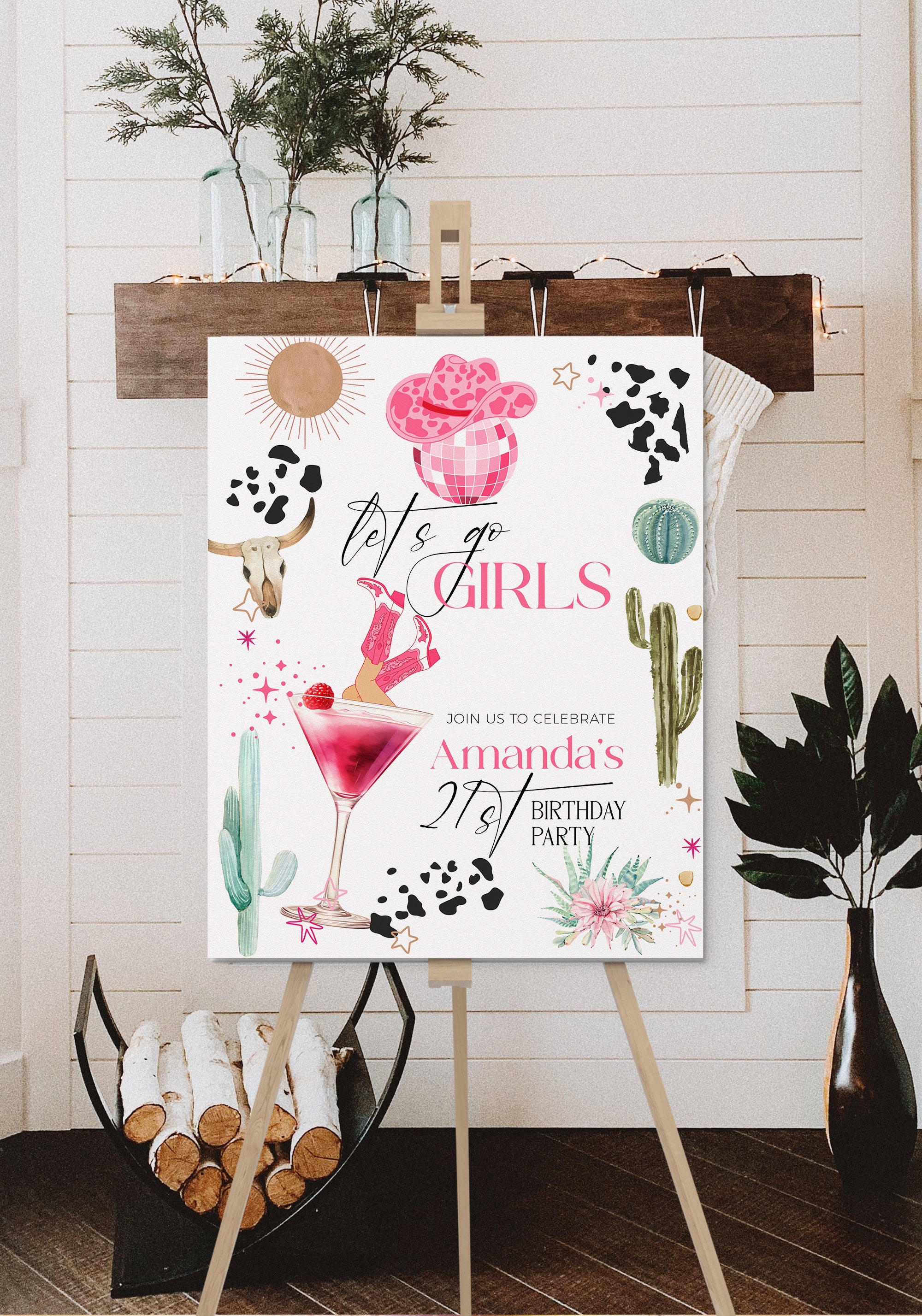 Let’s Go Girls Birthday Welcome Sign Template, Editable Disco Cowgirl ...