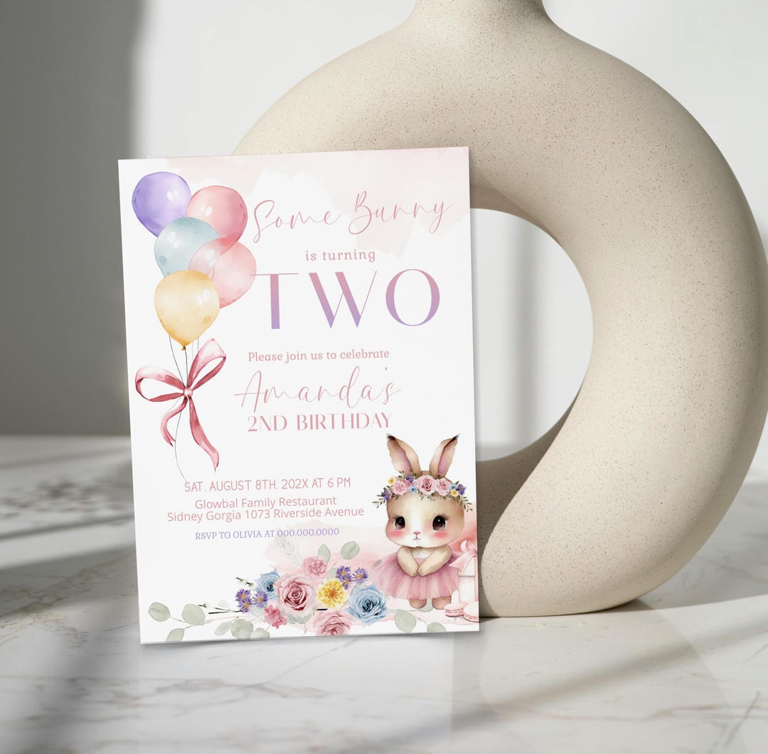 Some Bunny is Turning Two Invitation Template, Bunny Balloon Invite ...