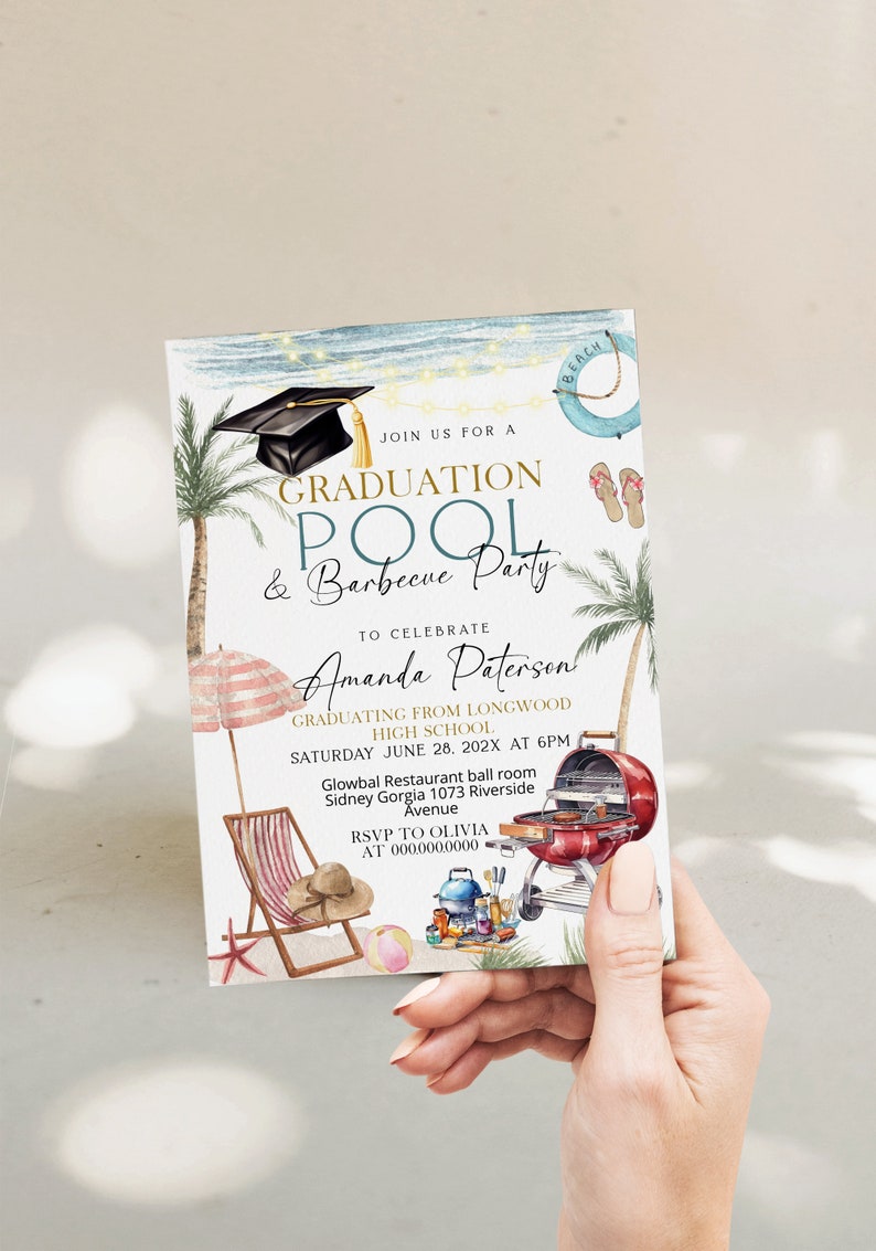 Pool & Bbq Graduation Party Invitation Template, BBQ Graduation ...
