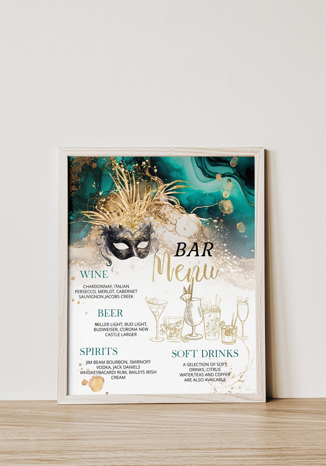 Masquerade Bar Menu Sign Template, Green Gold Masquerade Party Bar Menu ...