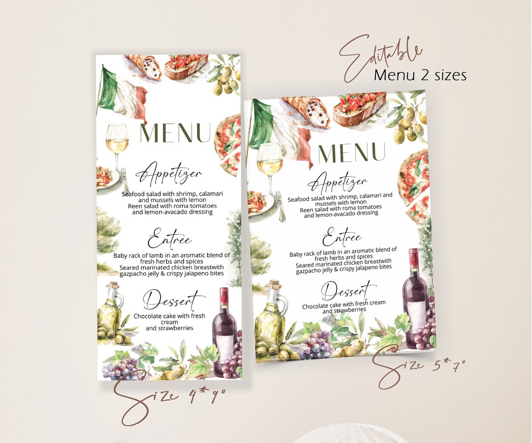 Italian Dinner Menu Card, Editable Italian Theme Menu Template, Pizza ...