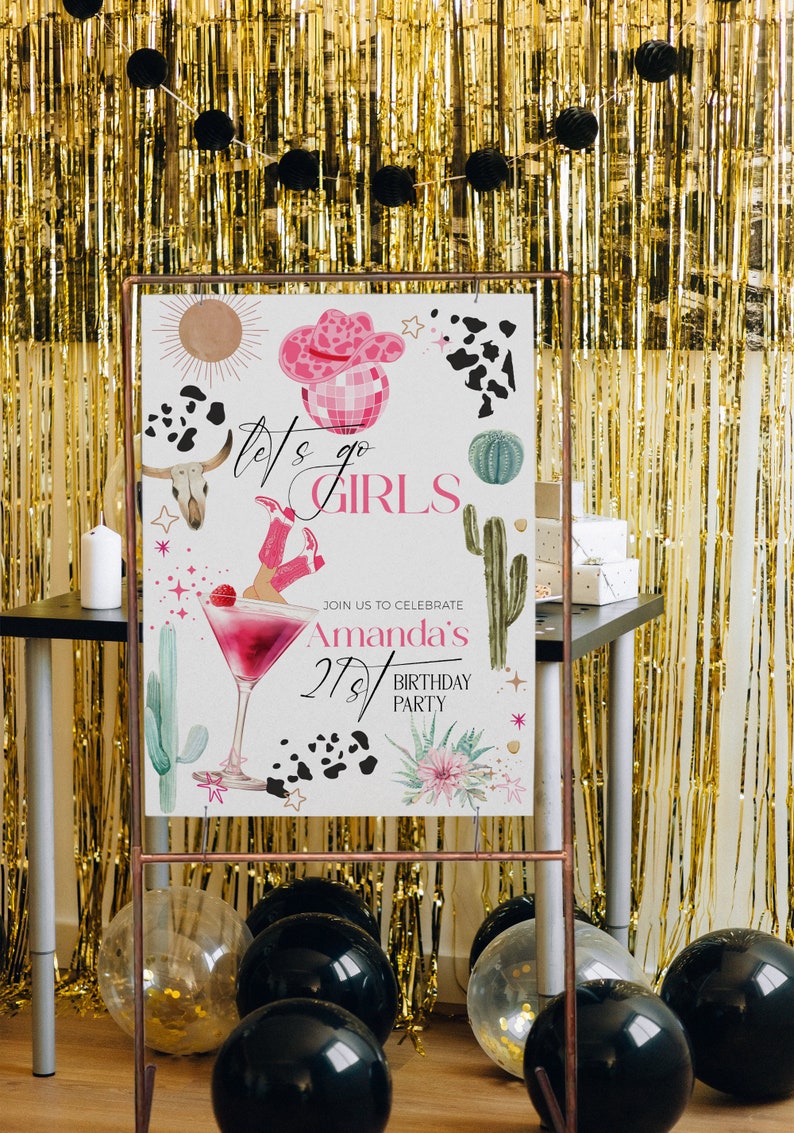 Let’s Go Girls Birthday Welcome Sign Template, Editable Disco Cowgirl ...