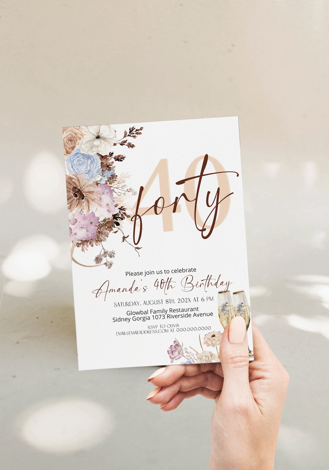Boho 40th Birthday Invitation for Women, Floral 40th Birthday Template ...
