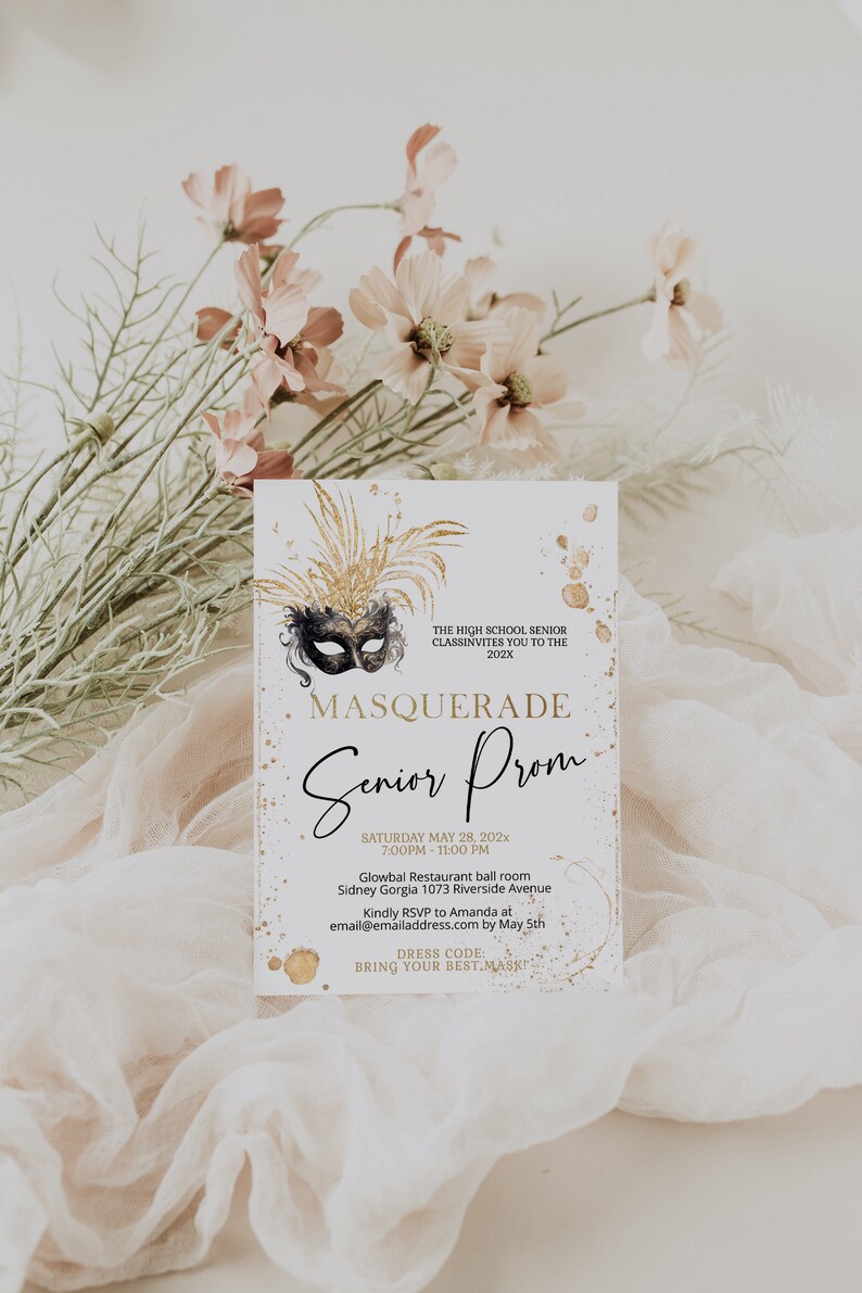 Senior Prom Invite, Masquerade Prom Invitation Template, Editable ...