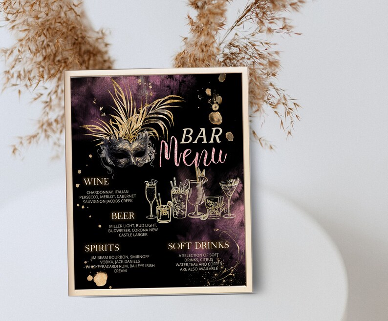 Masquerade Bar Menu Sign Template, Printable Masquerade Party Birthday ...