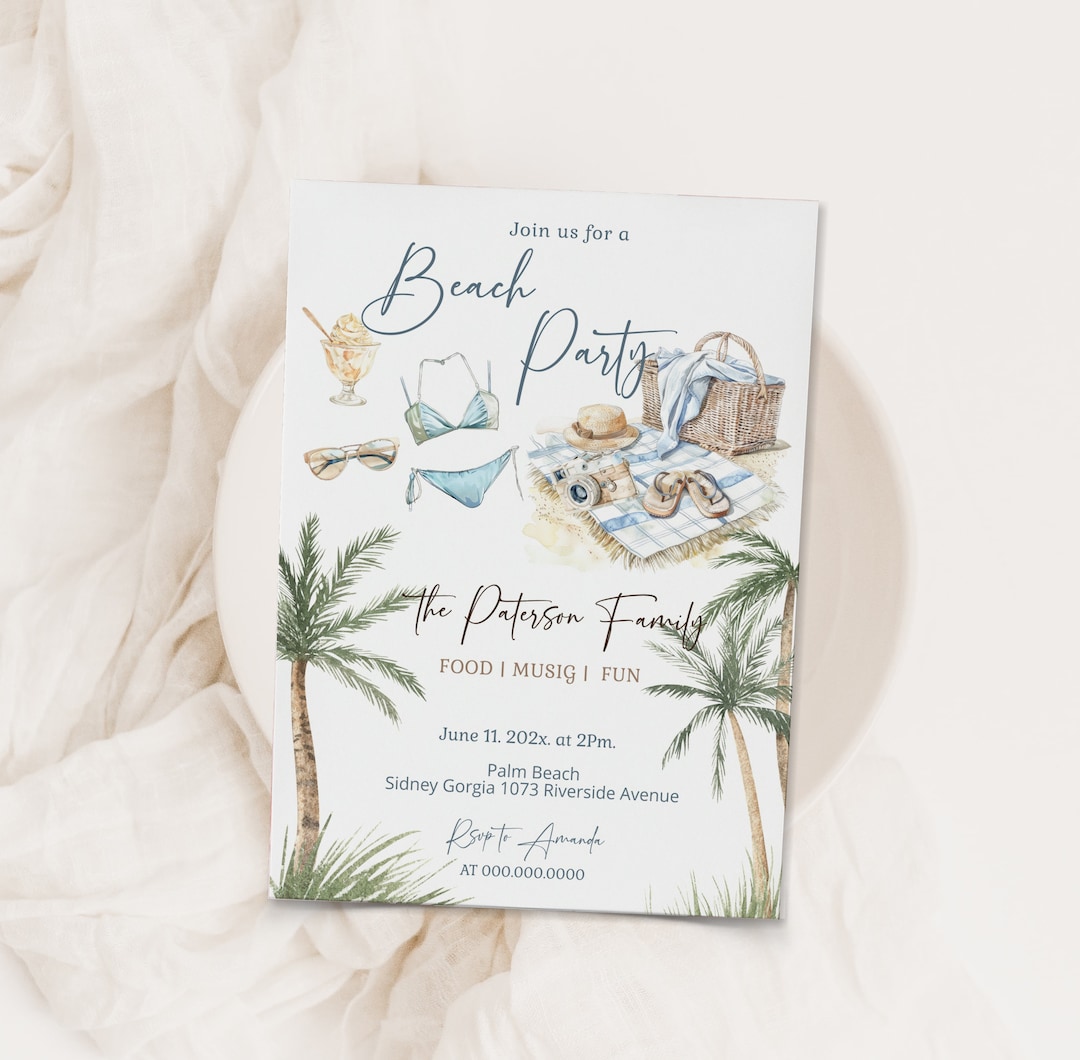 Beach Party Invitation Template, Editable Beach Birthday Invite ...