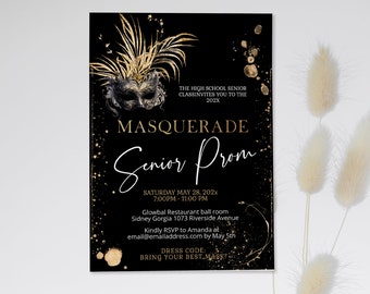 Senior Prom Invite, Masquerade Prom Invitation Template, Editable ...