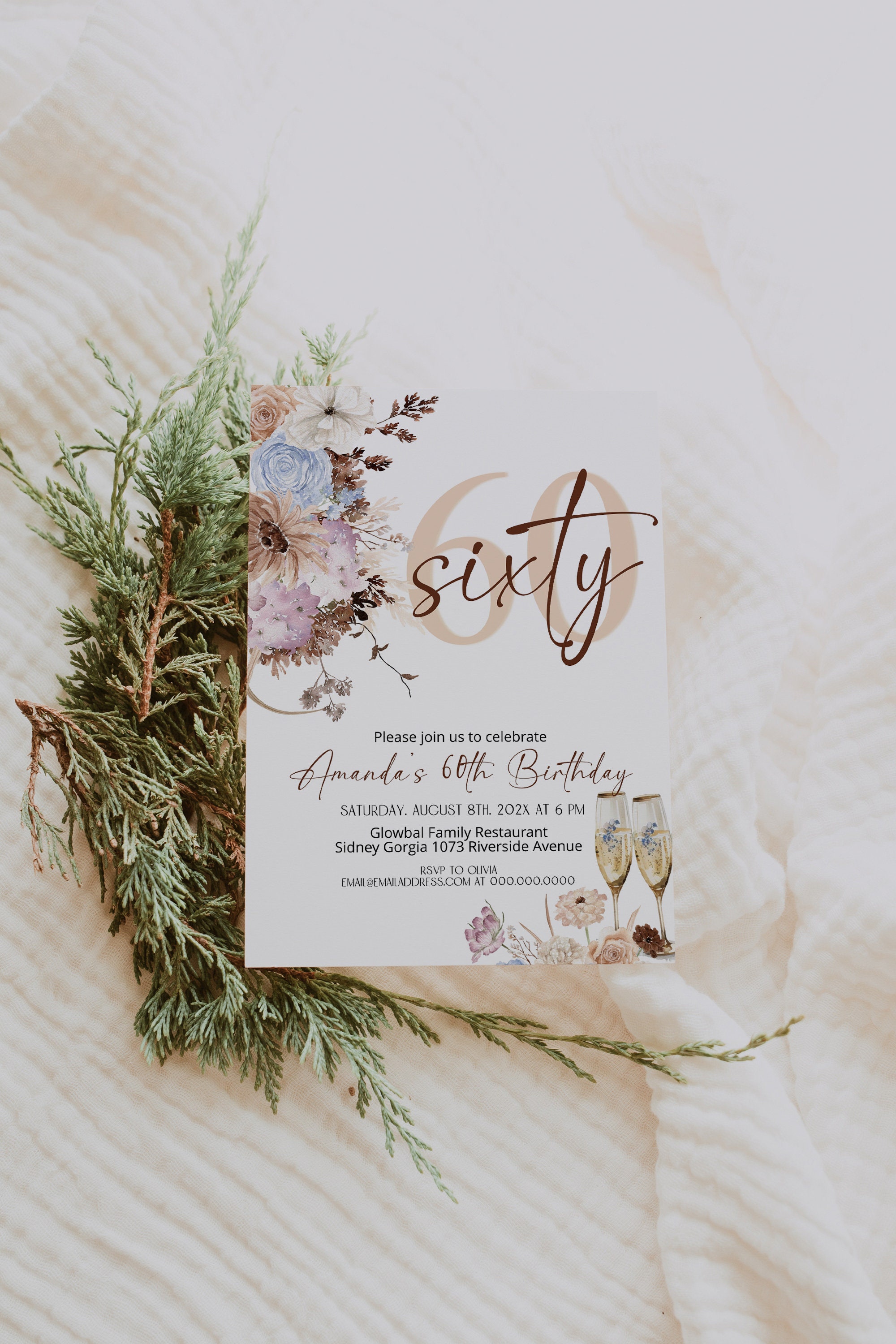 60th Birthday Invitation for Women, Editable Boho Floral Birthday ...