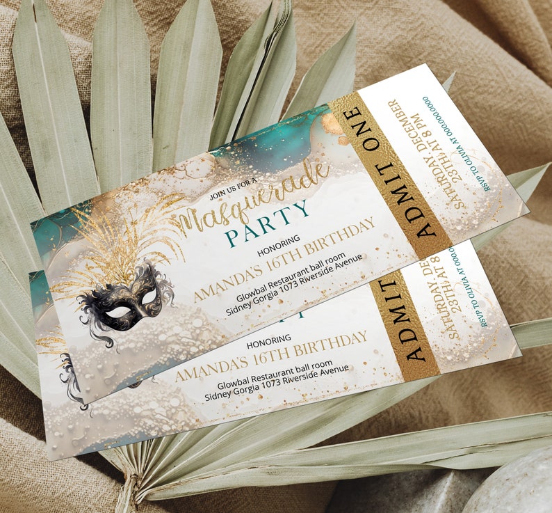 Masquerade Birthday Party Ticket Invitation, Sweet 16 Masquerade Ticket ...