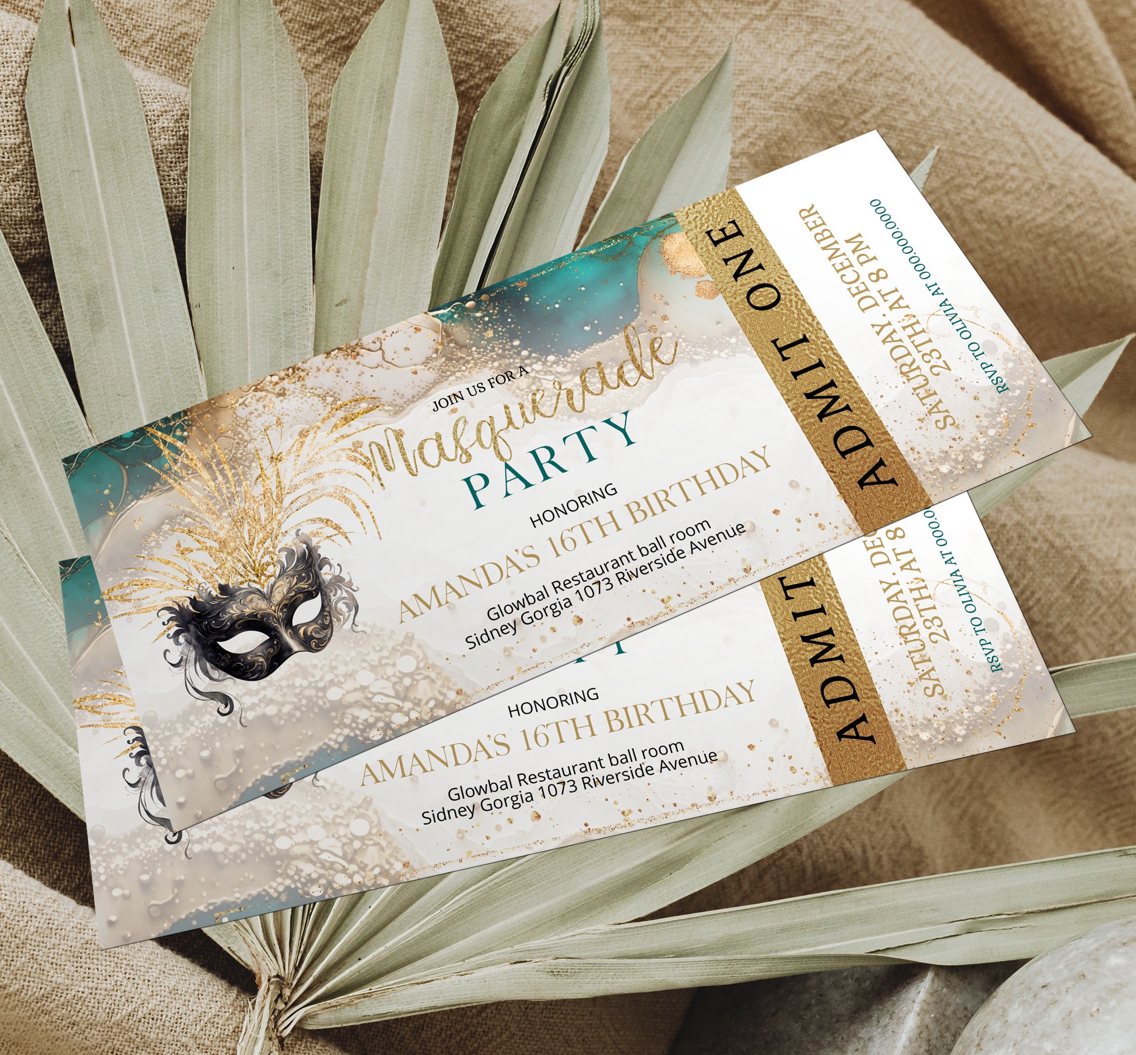 Masquerade Birthday Party Ticket Invitation, Sweet 16 Masquerade Ticket ...