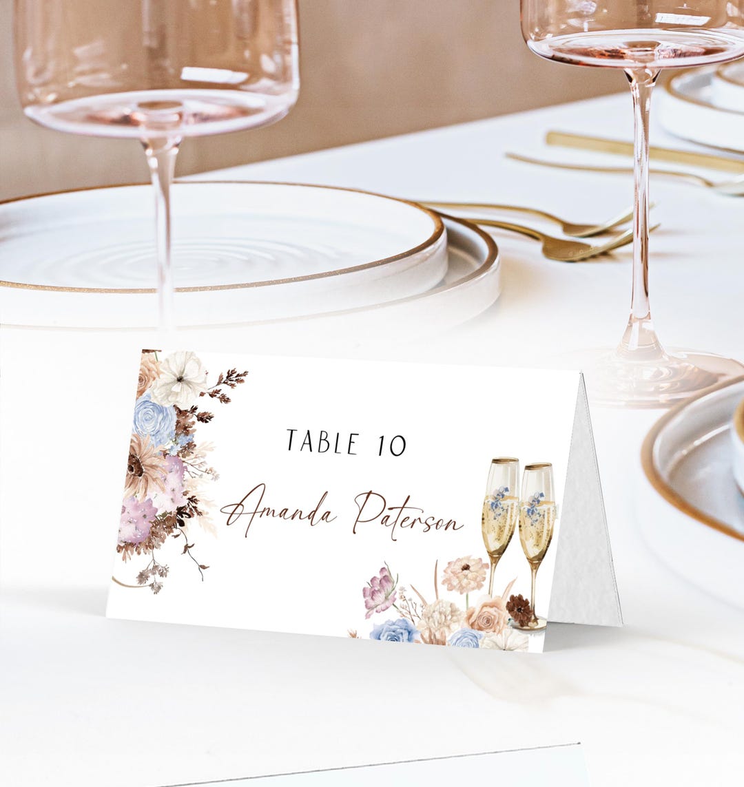 Boho Floral Place Card Template, Editable Floral Place Card, Flowers ...