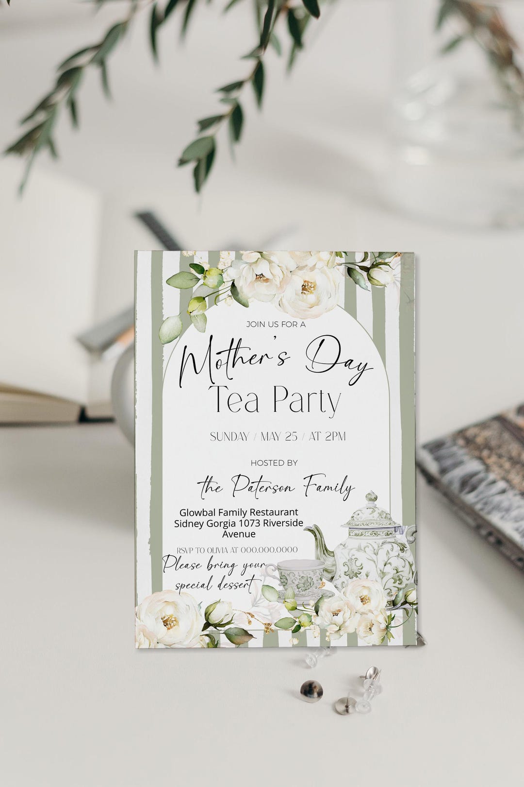 Greenery Mothers Day Tea Invitation Template, Editable Brunch for Mom ...