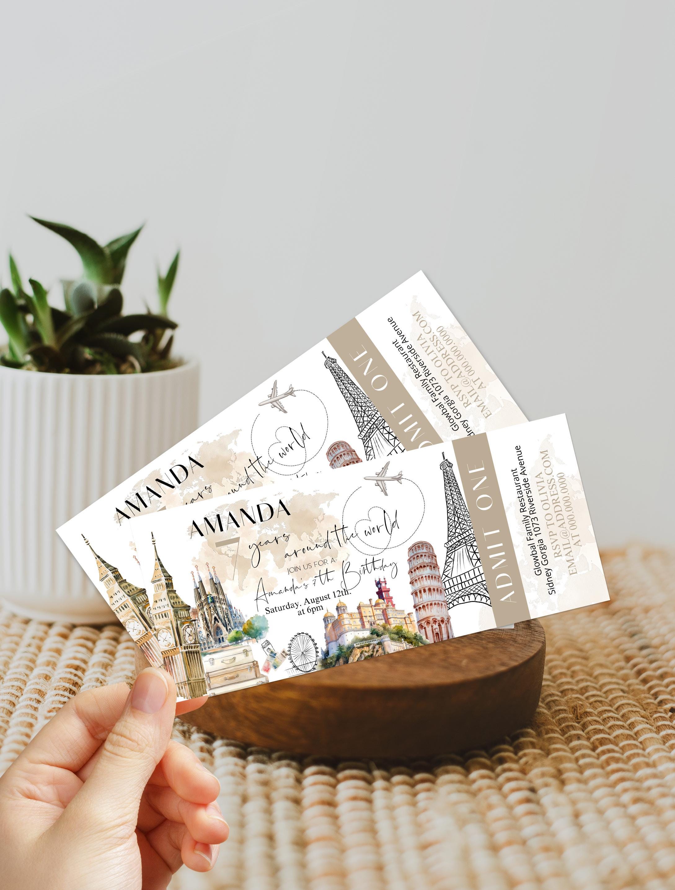 Around the World Birthday Ticket Invite, World Map, Travel Party Ticket ...