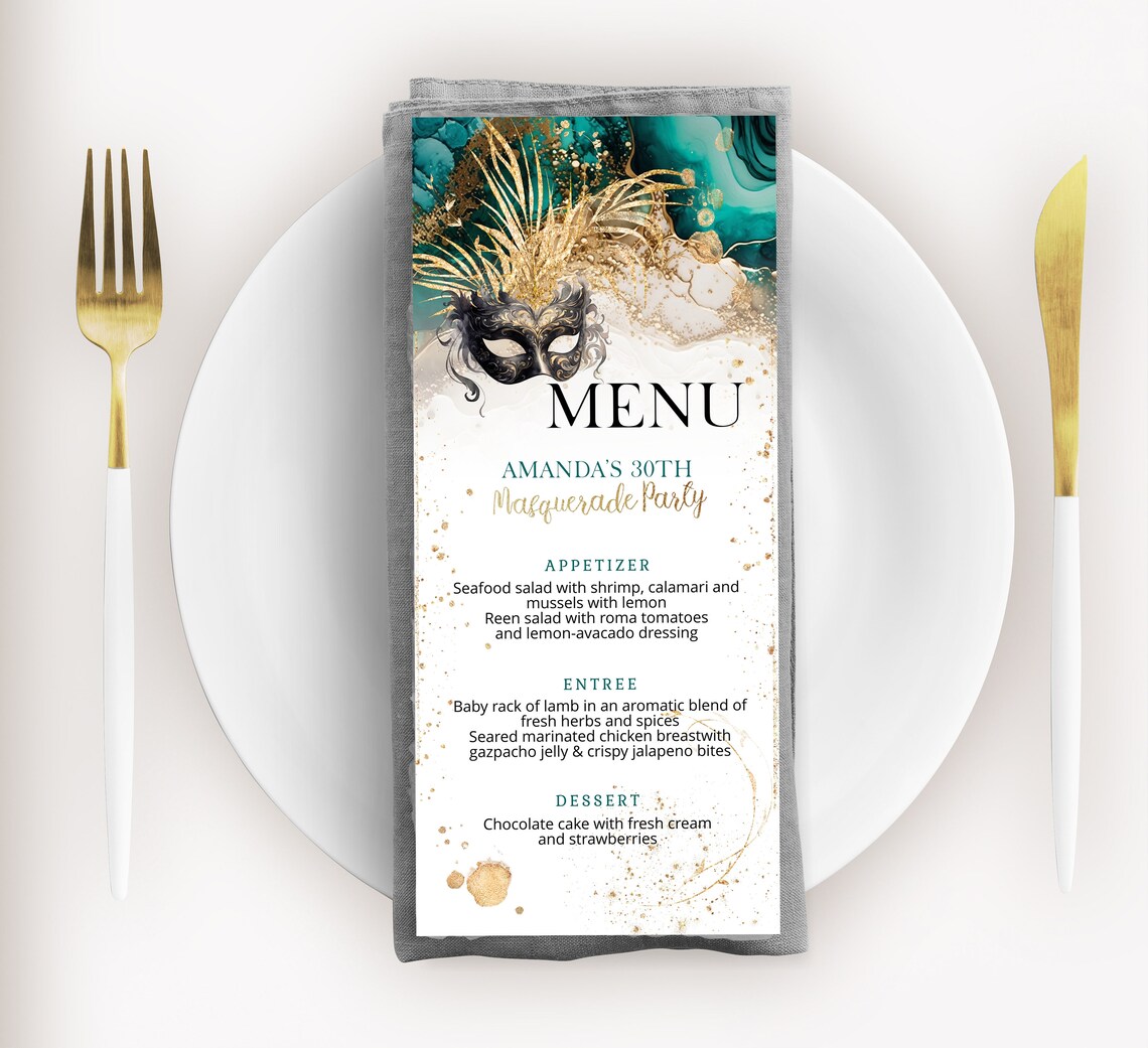 Green Gold Masquerade Menu Card Template, Editable Masquerade Menu Card ...