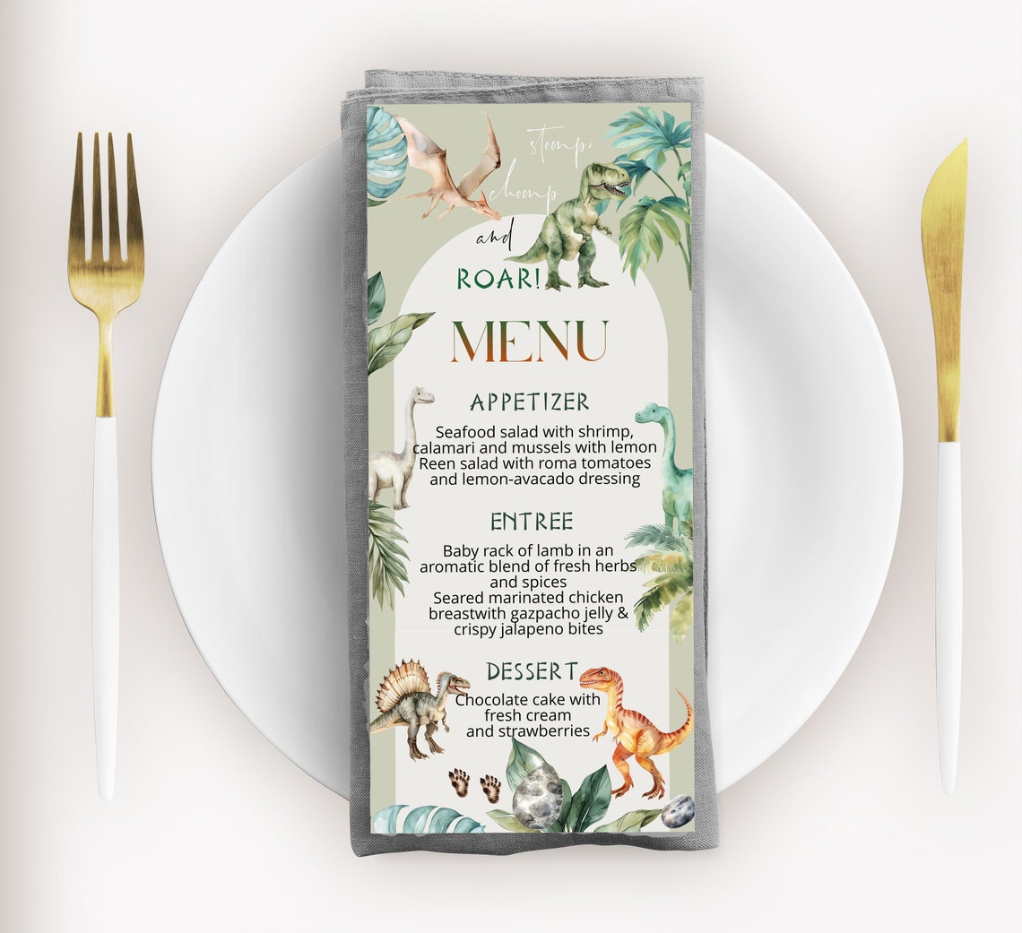 Dinosaur Menu Card, T-rex Menu, Editable Greenery Menu Template ...