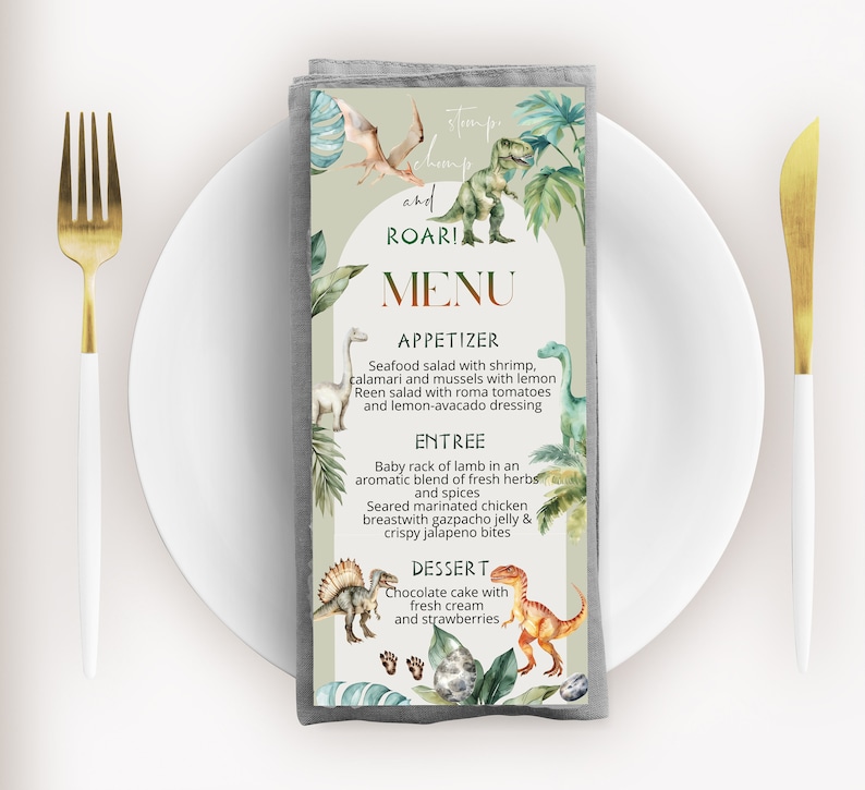 Dinosaur Menu Card, T-rex Menu, Editable Greenery Menu Template ...