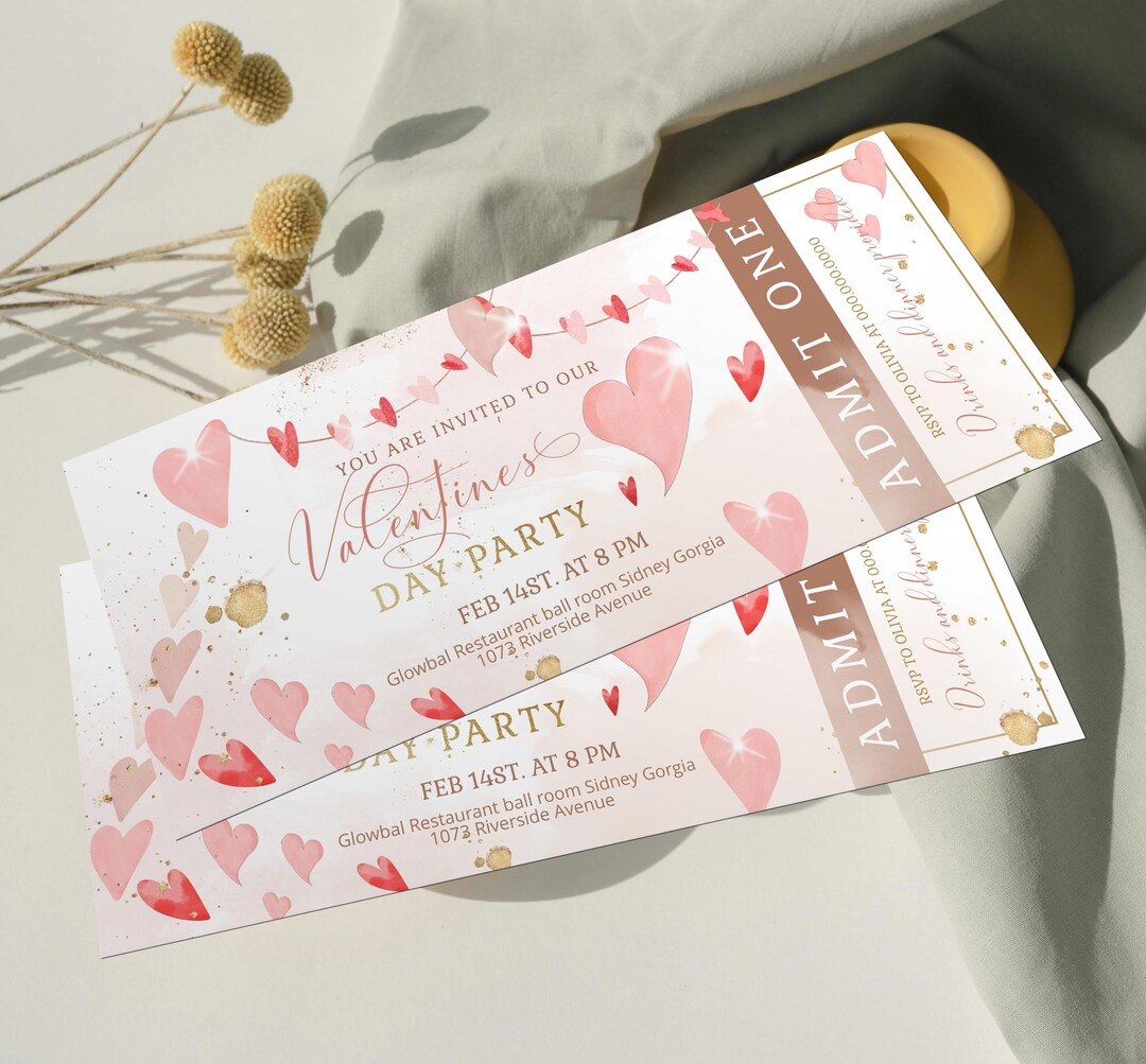Valentine's Day Ticket Invitation Template, Editable Valentine's Party ...